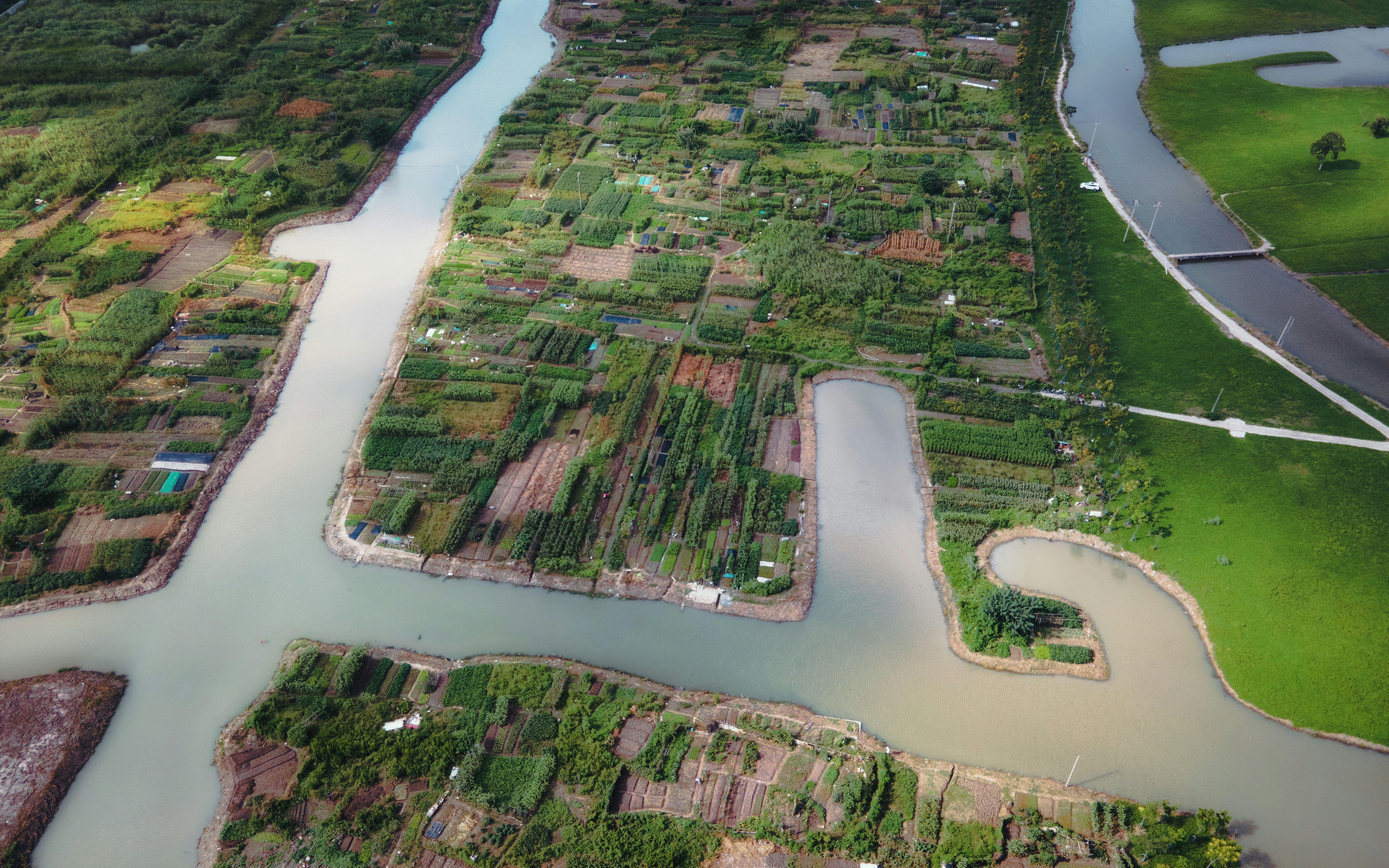 Aerial view of a lush agricultural landscape interspersed with winding waterways and cultivated plots. The intricate layout showcases the interconnection of land and water.