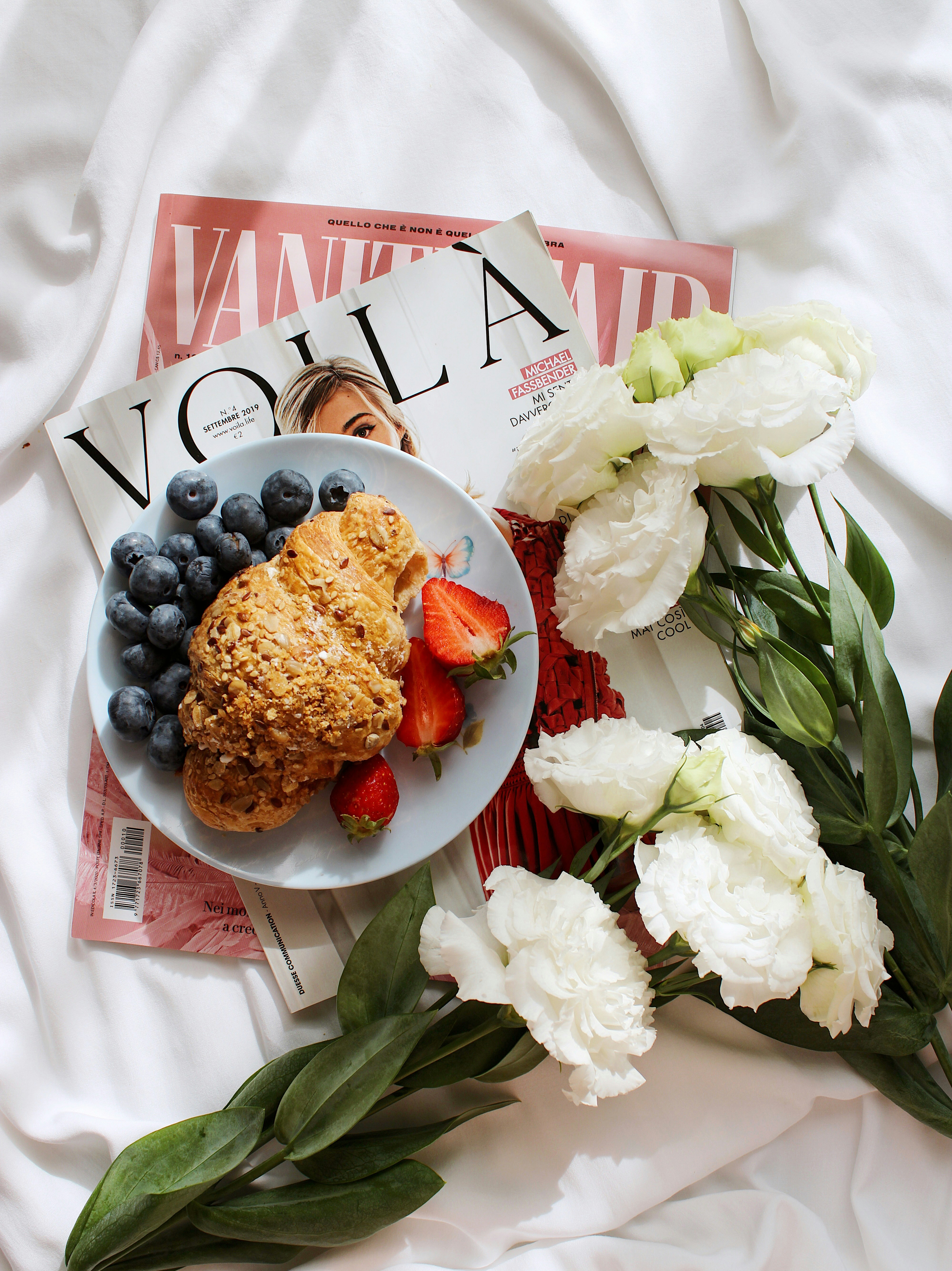 A Quiet Morning: Pastry, Berries, and White Peonies on Velvet Sheets