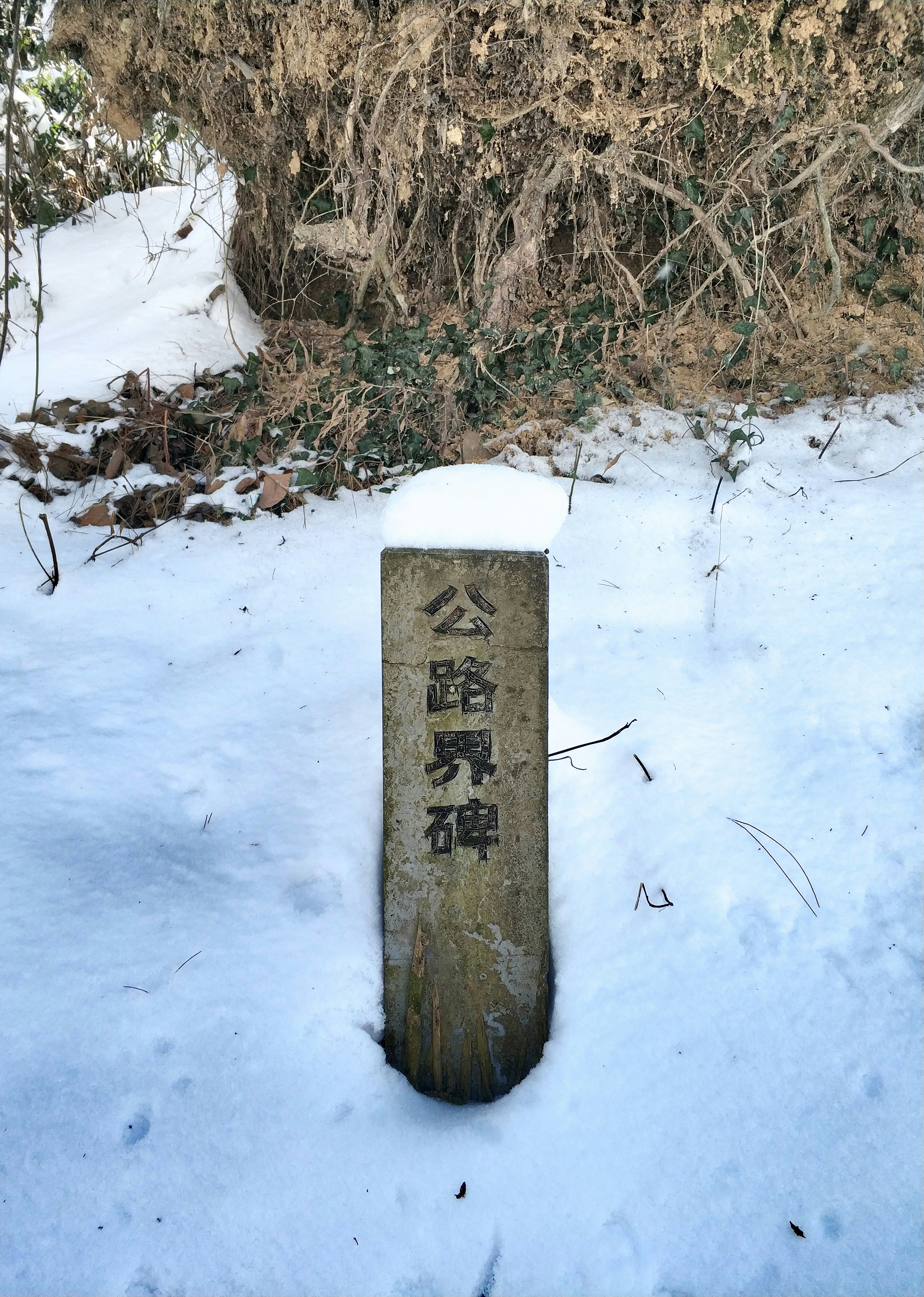 Weathered stone marker partially covered in snow, surrounded by a serene winter landscape. The inscription hints at its historical significance.