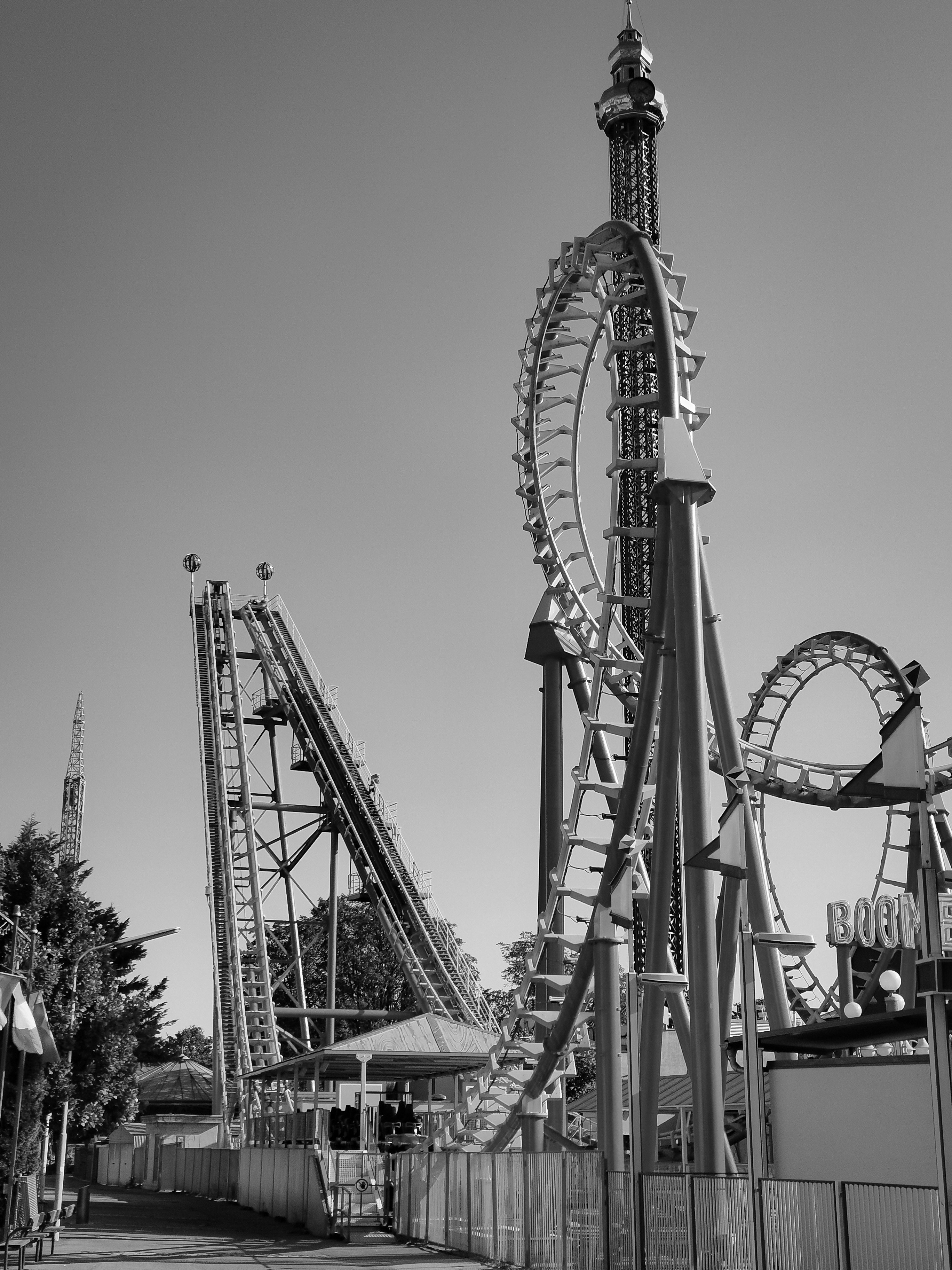 Spiral Spine of Steel: A Quiet Fairground in Monochrome