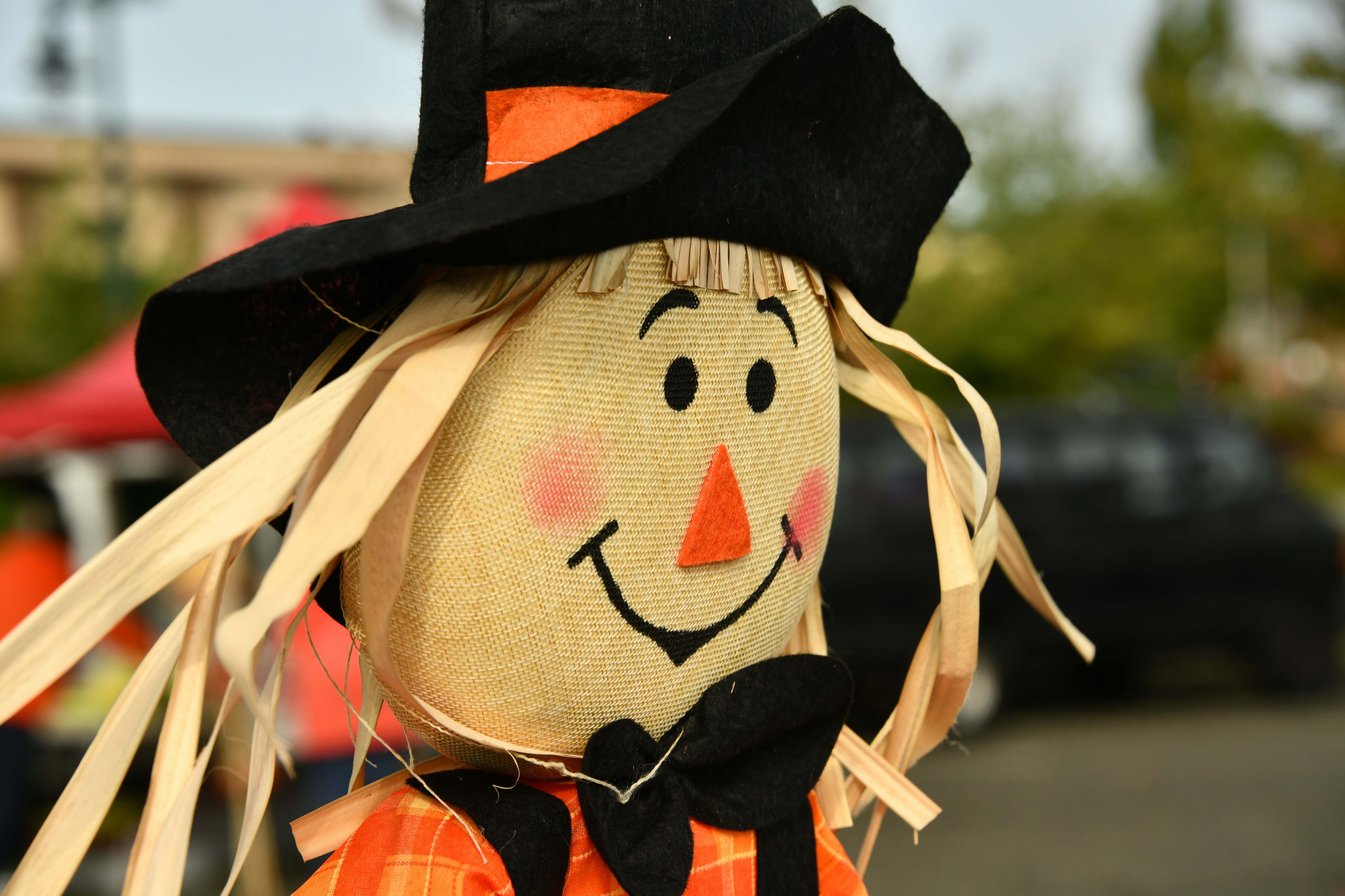 A cheerful scarecrow adorned with a black hat and orange attire, featuring a friendly smile and straw hair. Perfectly captures the essence of autumn festivities.