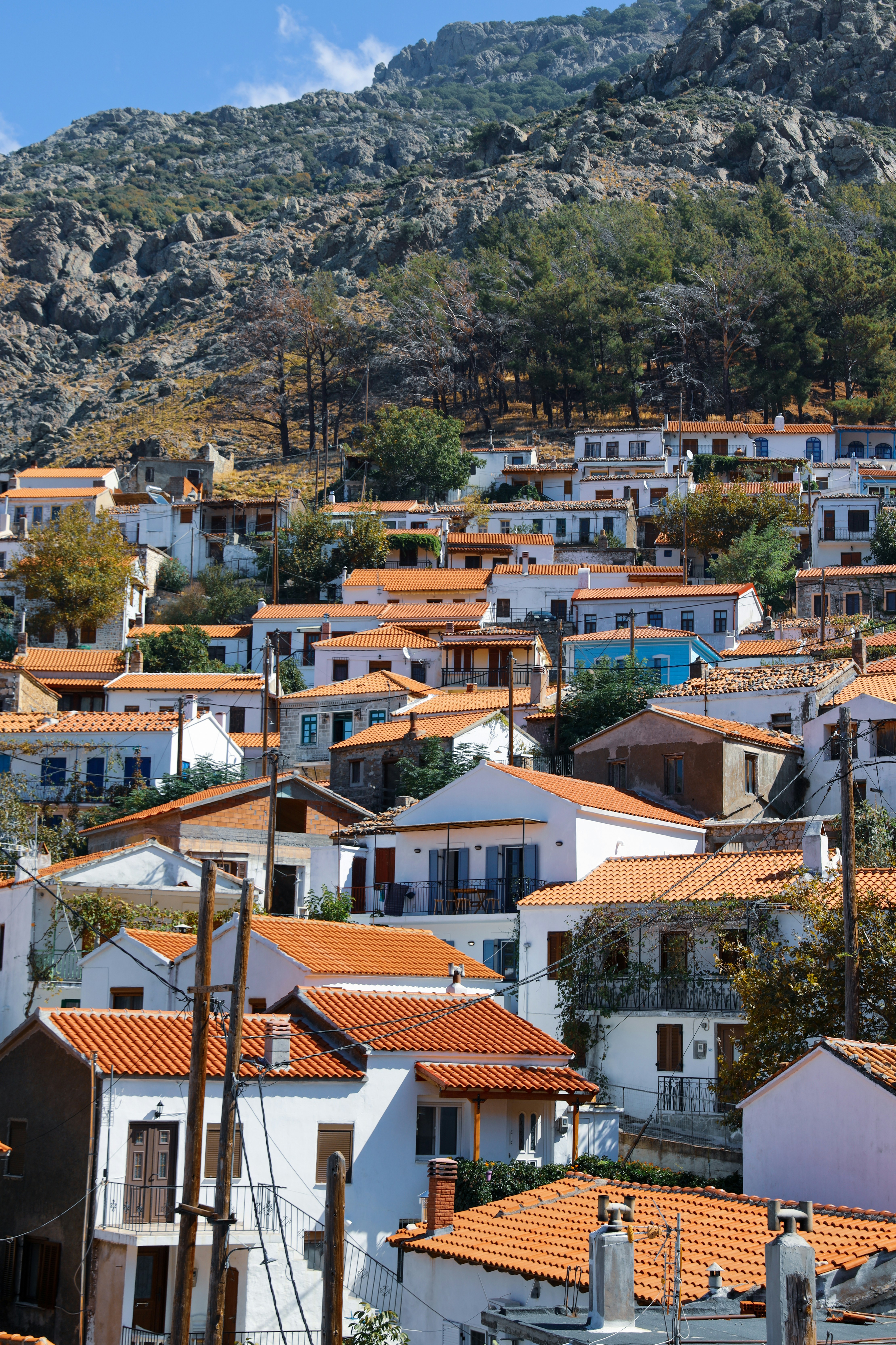 Terracotta Threads: A hillside of white cottages with orange roofs tucked beneath rocky peaks