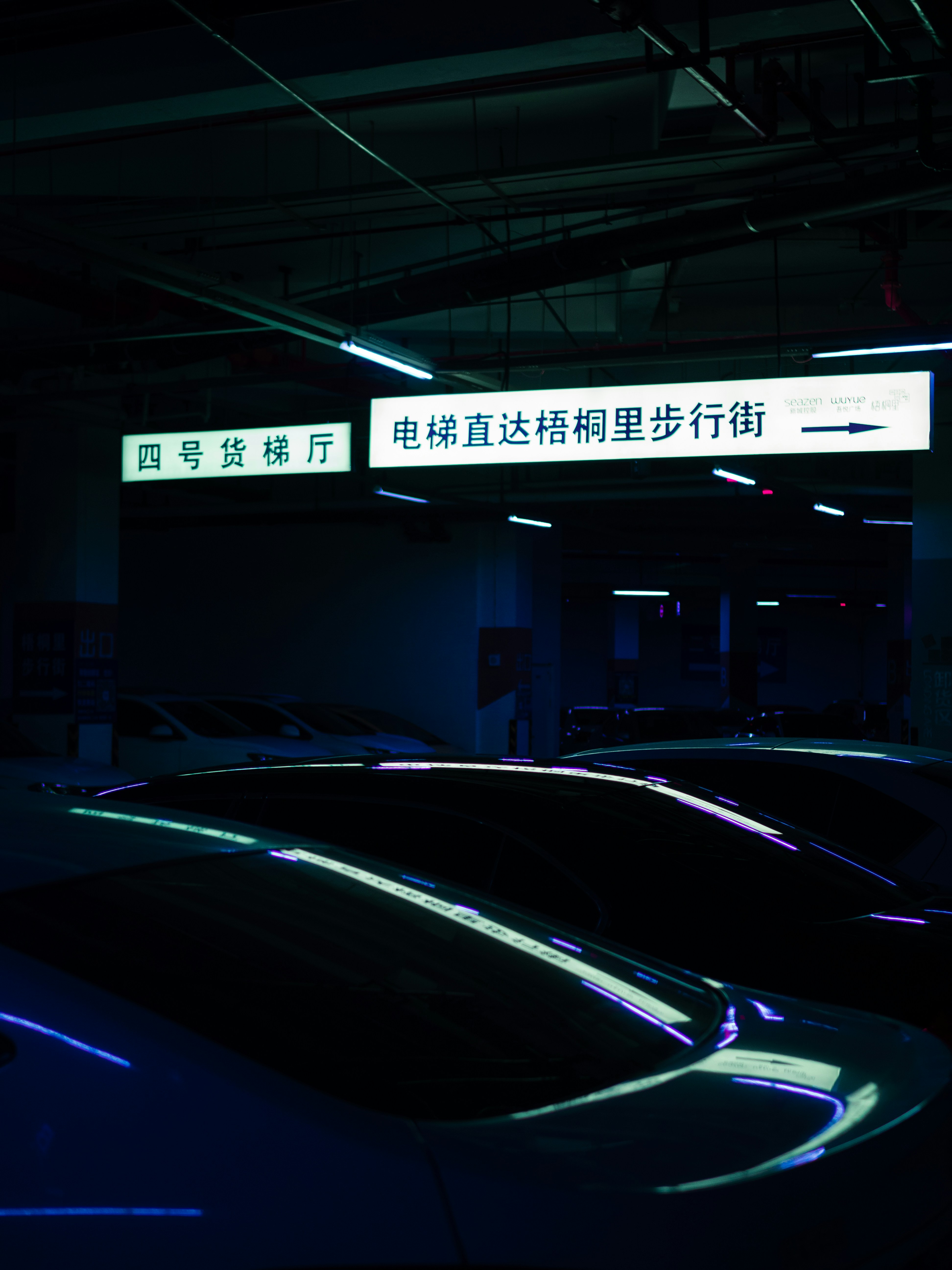 Illuminated signage in a dimly lit parking garage, directing towards a pedestrian walkway. The scene features reflections on parked cars, creating a moody atmosphere.