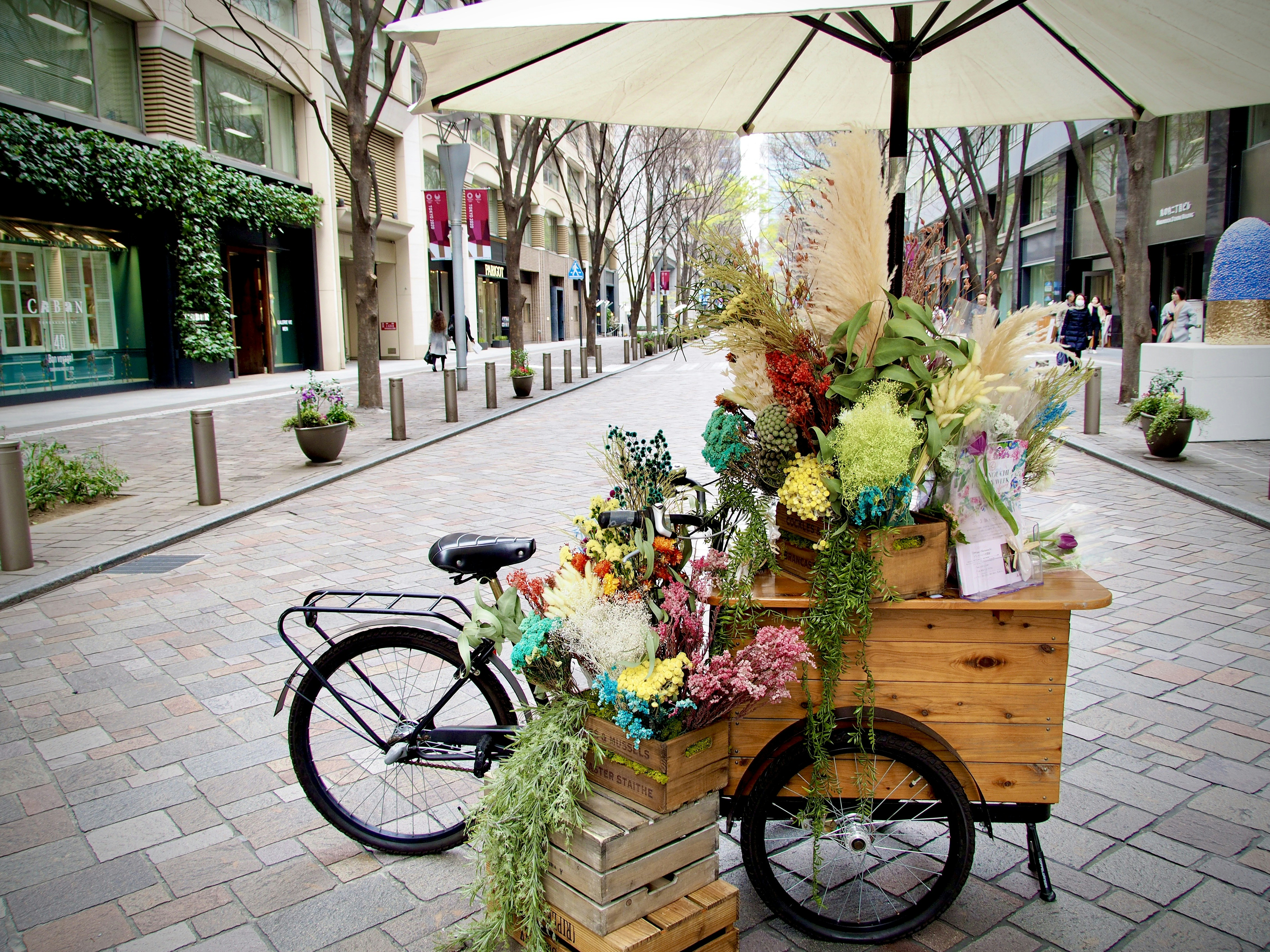 Floral Cart in the City: A Quiet Burst of Color Under an Oversized Umbrella