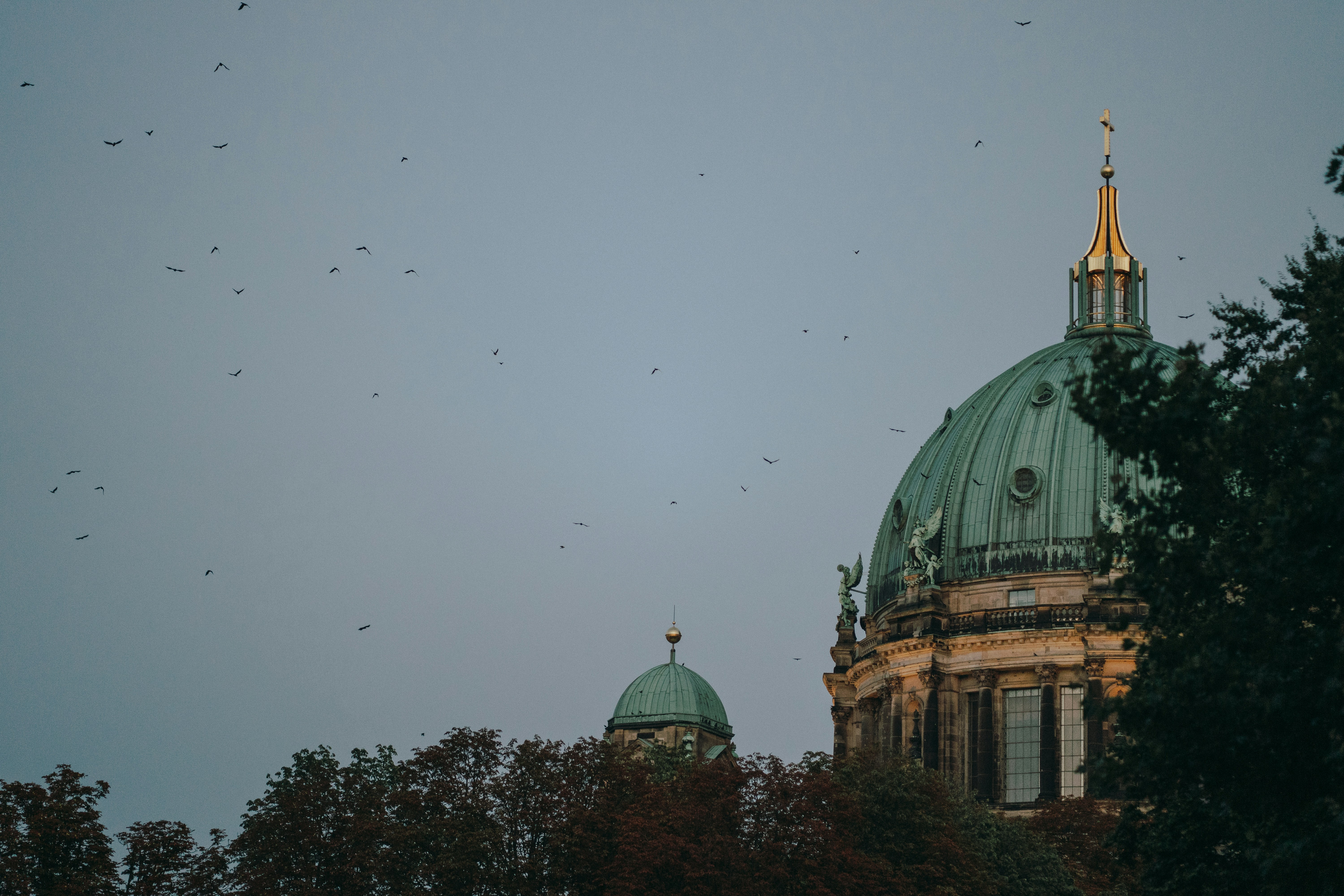 Berlin Cathedral | birds flying over green dome building during daytime