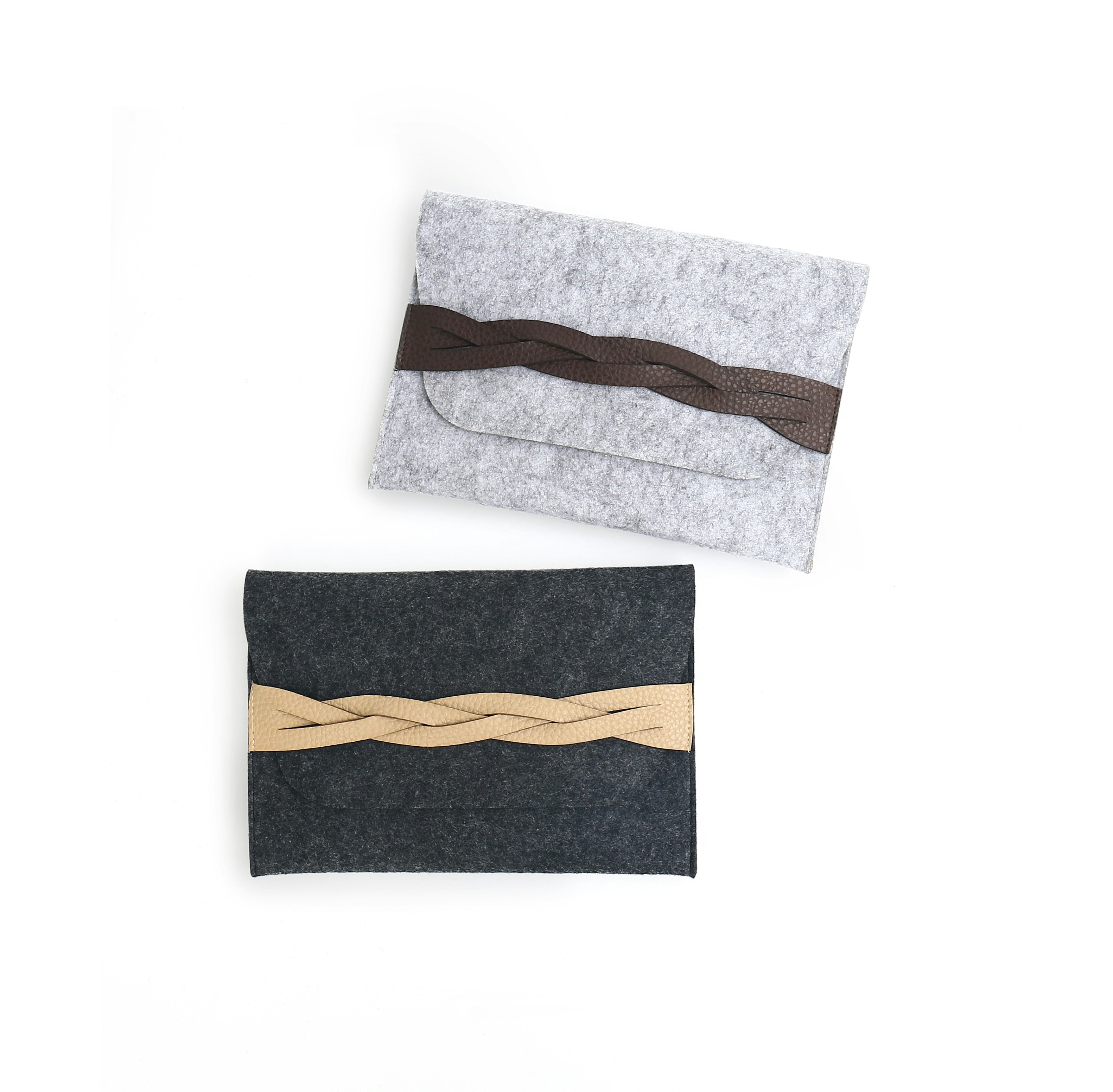 Diagonal Duo: Minimal Felt Wallets with Braided Leather Straps