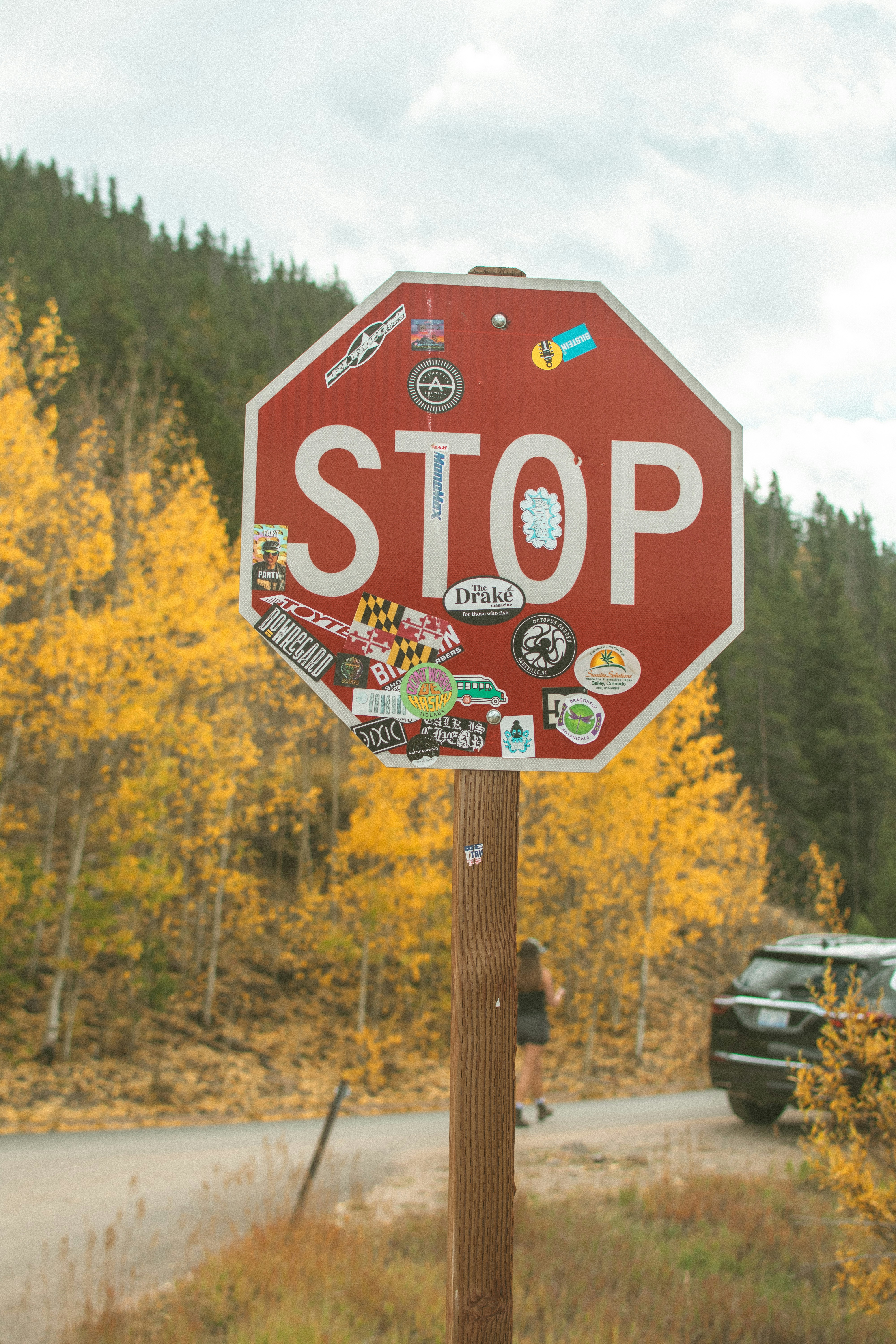 A stop sign adorned with various stickers stands against a backdrop of golden autumn foliage, highlighting a blend of nature and urban expression.