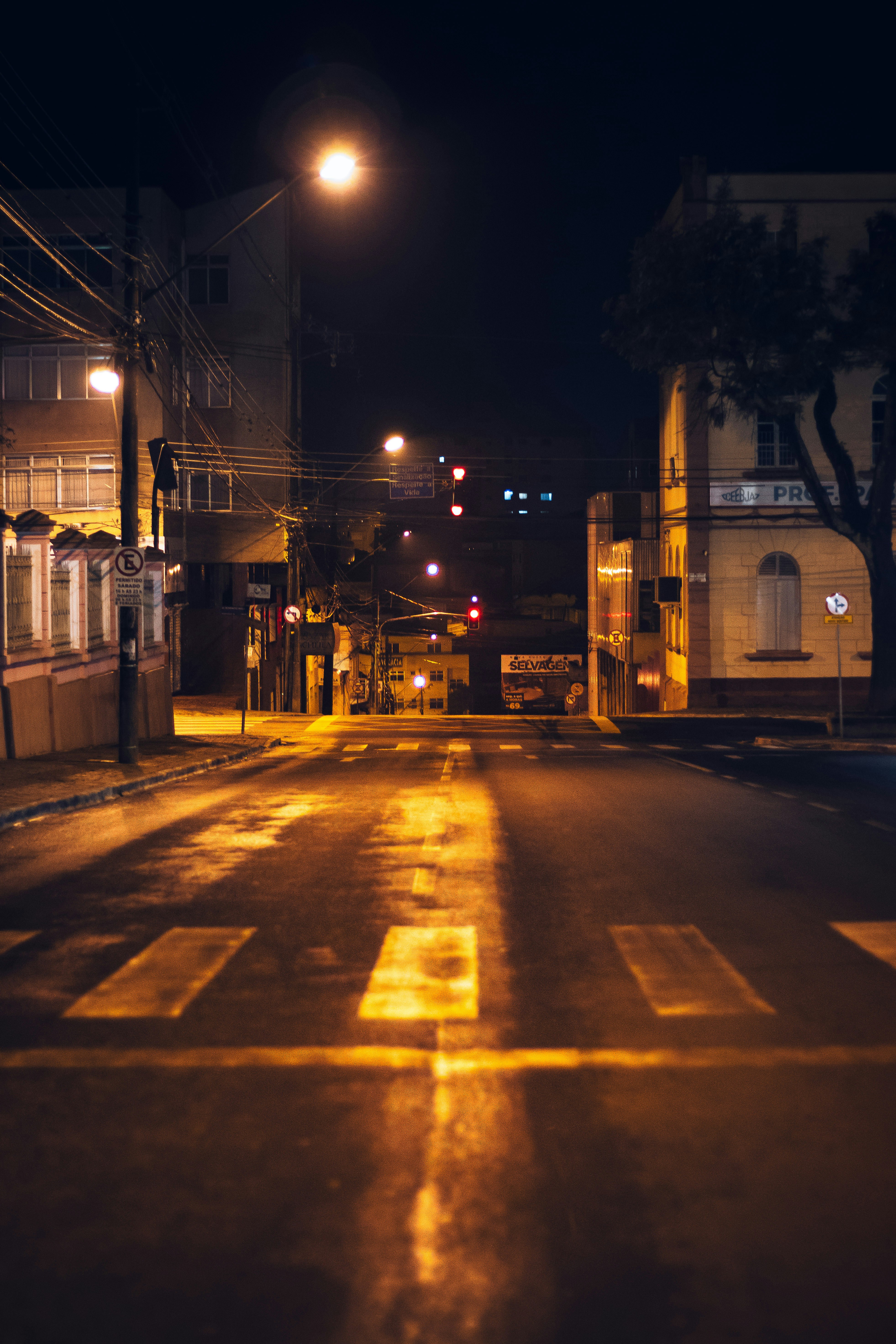Deserted urban street illuminated by streetlights, showcasing reflective wet pavement and traffic signals at night.