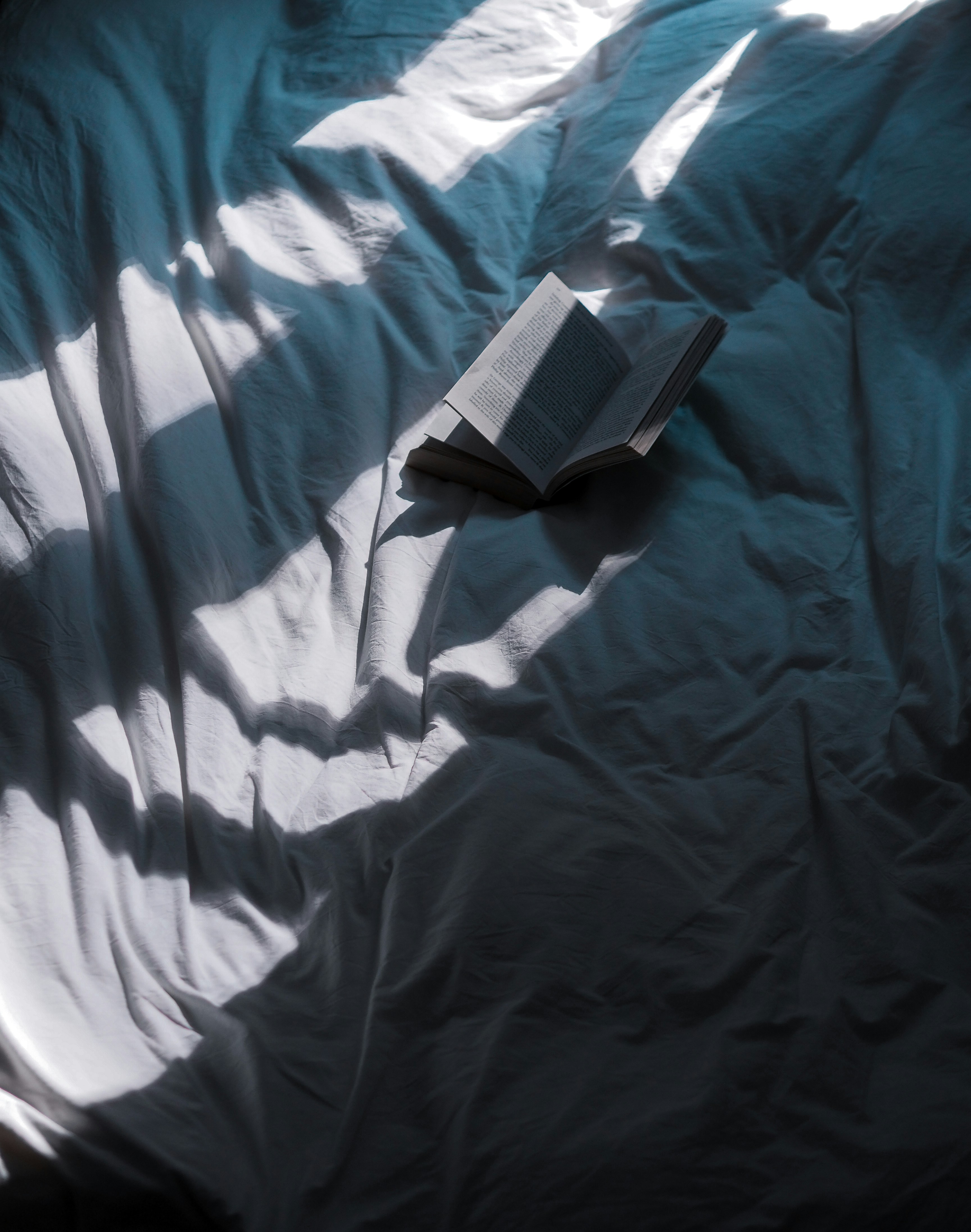 Photograph of an open book on a crumpled white bedsheet, bathed in directional light with strong shadow patterns.
