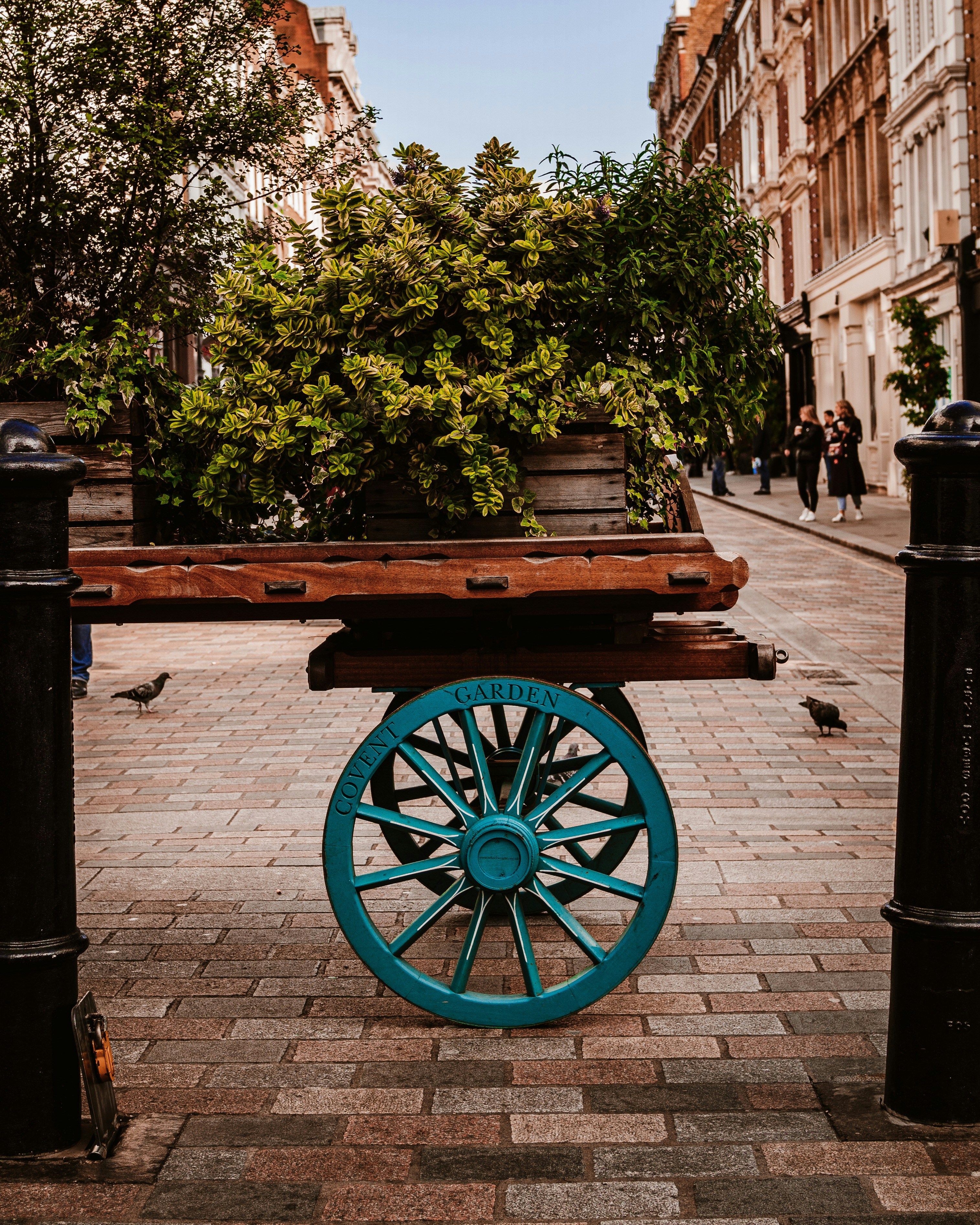 A vibrant wooden cart adorned with lush greenery stands prominently in a bustling street, surrounded by historic architecture and passersby.
