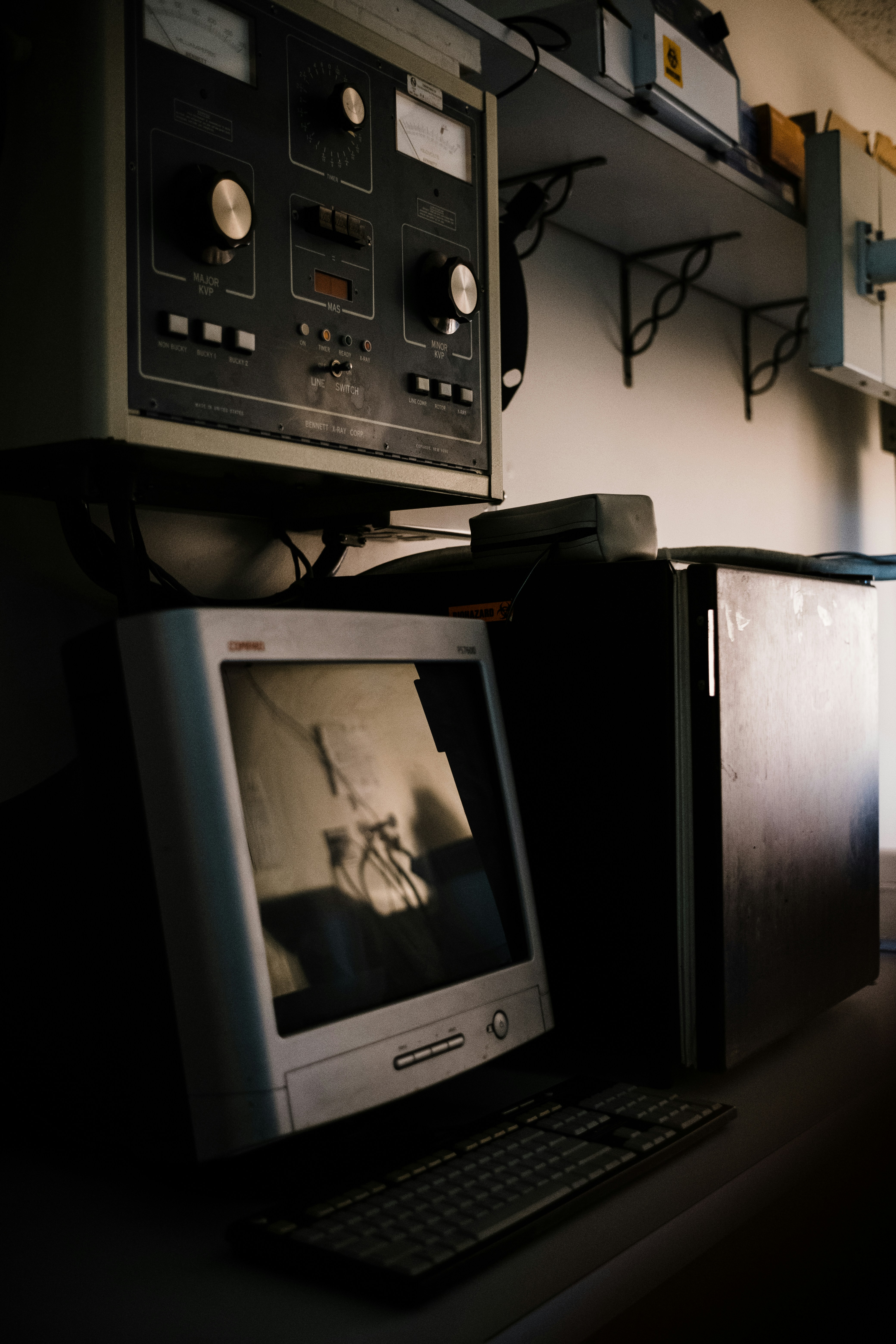 CRT Echo: Bicycle Silhouette in a Dusty Workshop