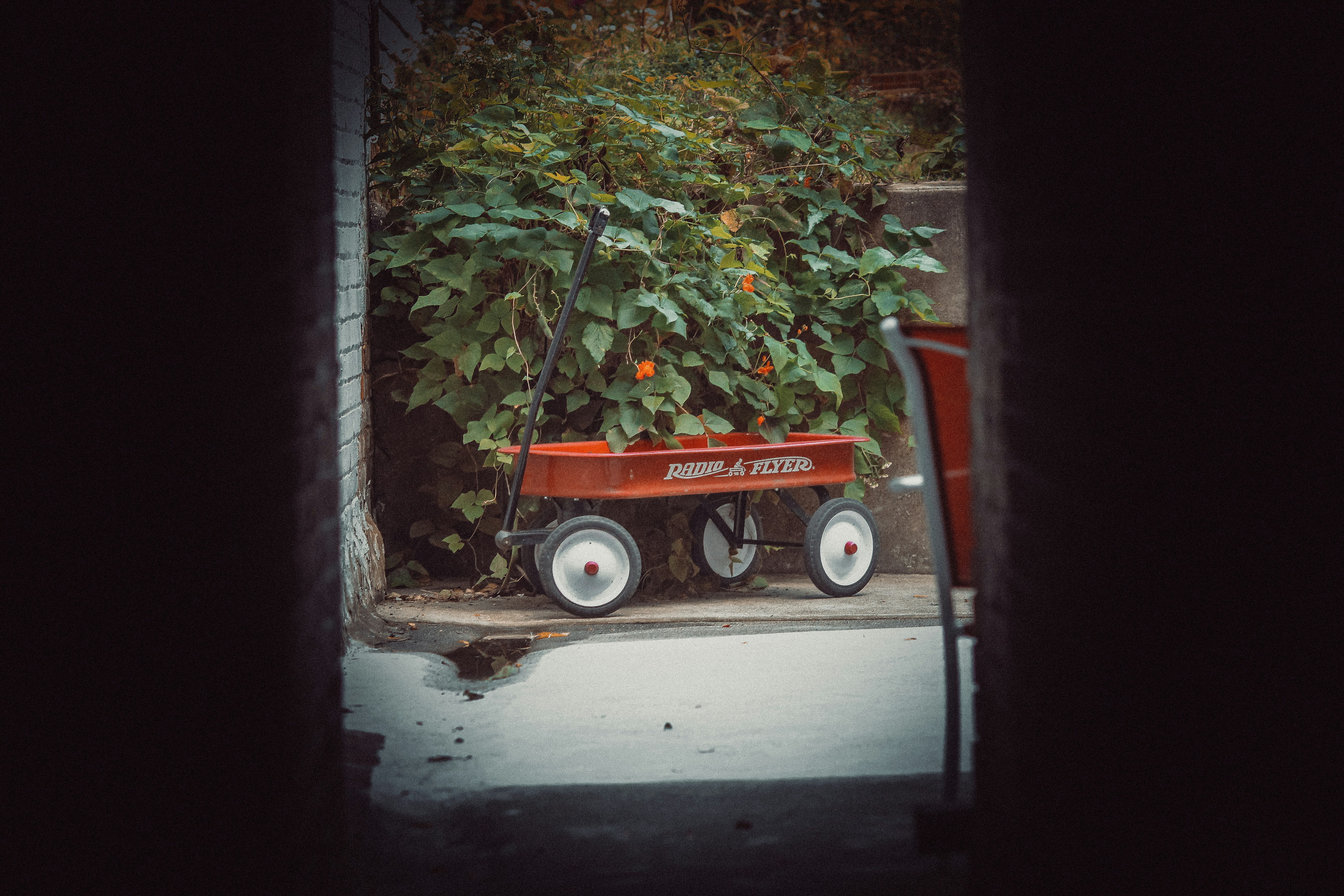 Red wagon hidden in a shadowed opening