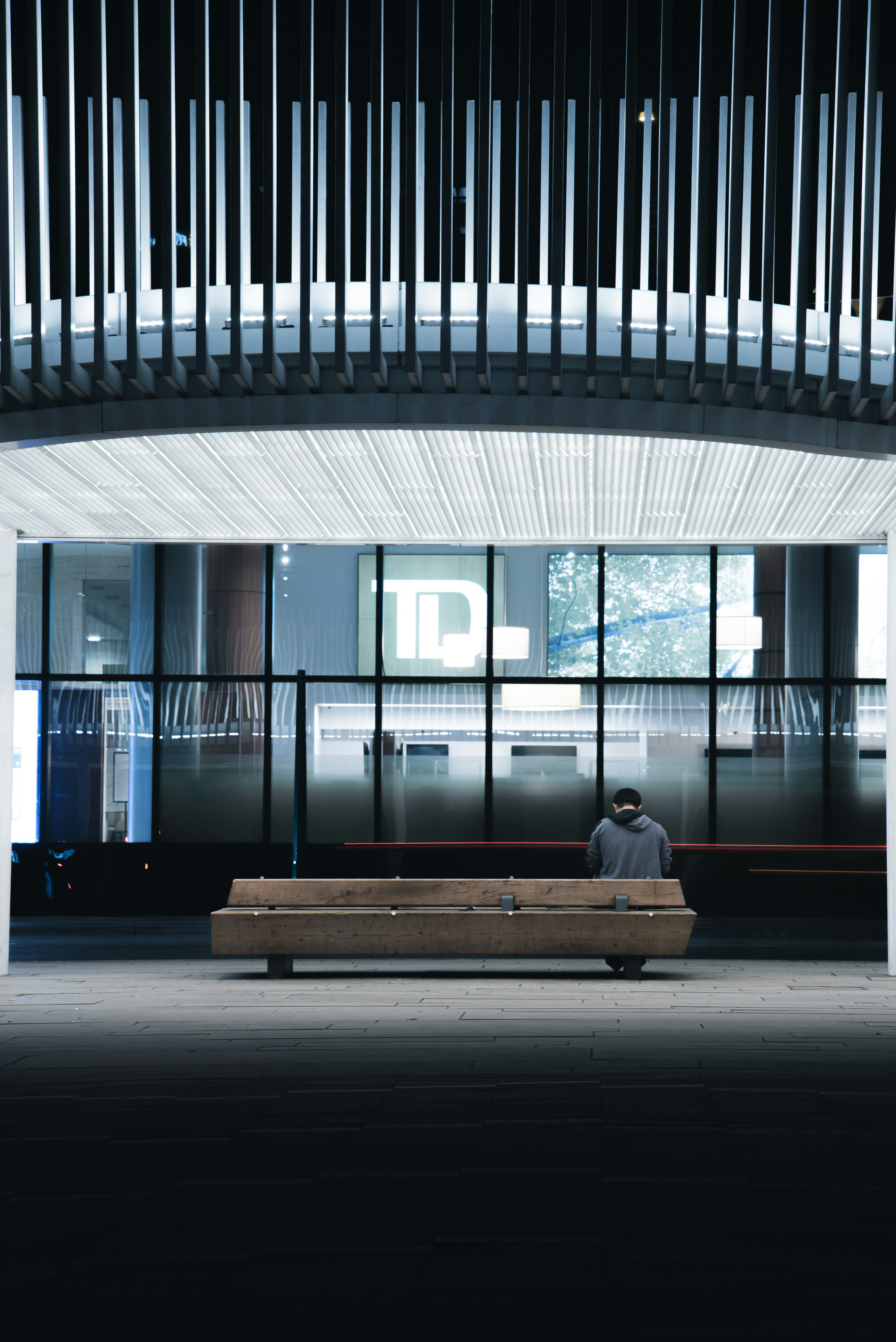 A solitary figure sits on a wooden bench, framed by an elegant architectural structure and illuminated glass windows. The scene conveys a sense of quiet contemplation.