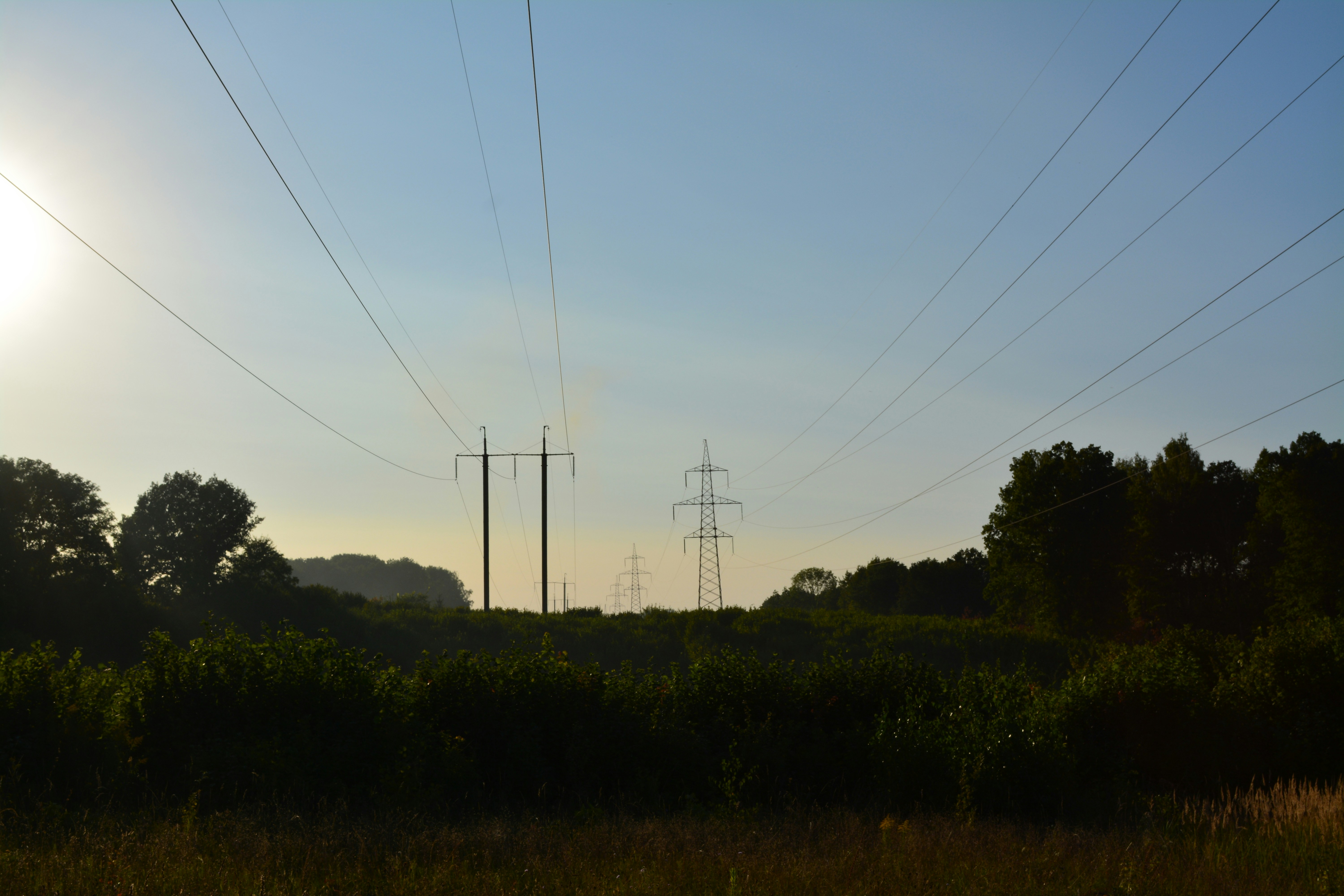 Dusk Convergence: Distant Pylons Span a Quiet Field