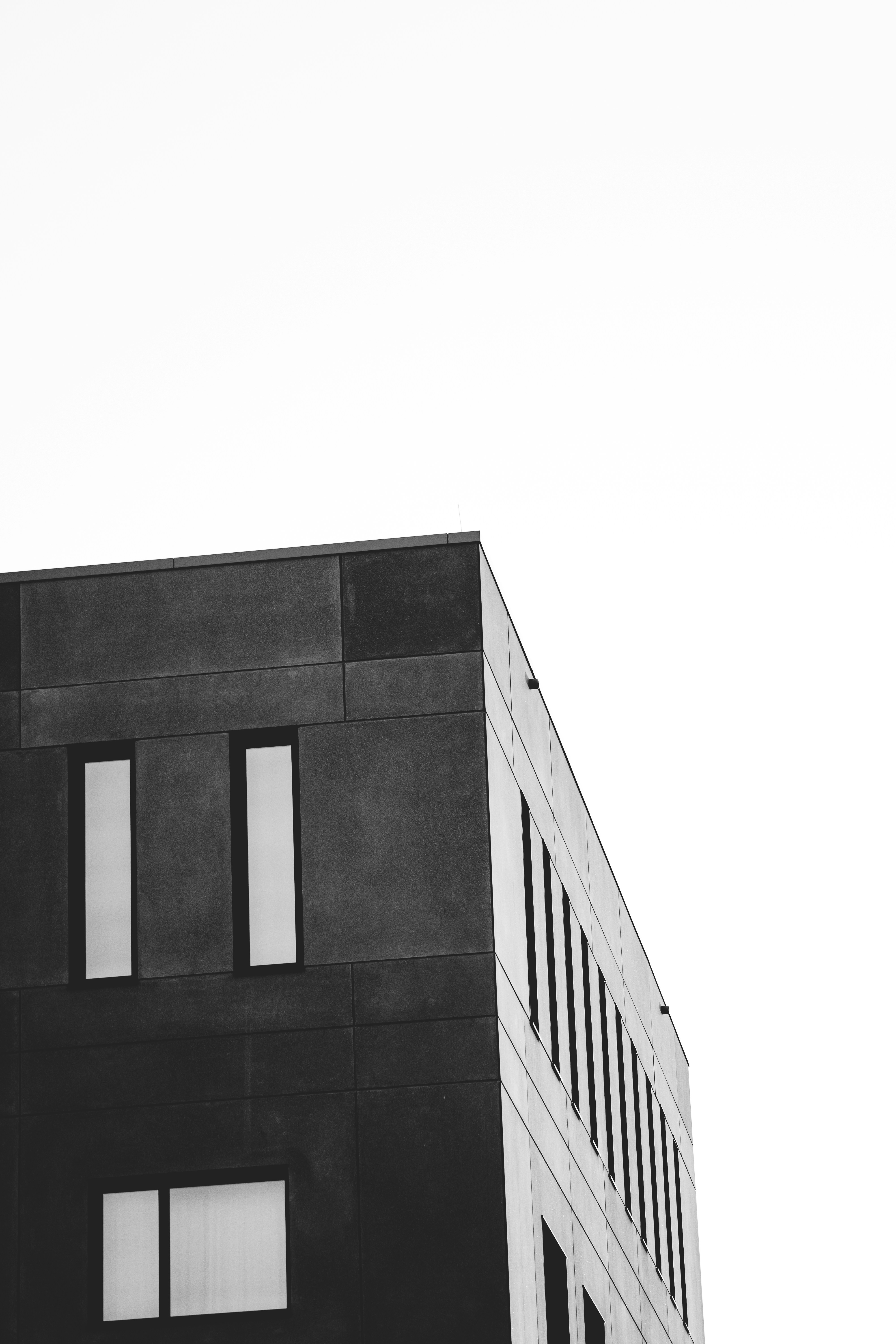 Angular view of a contemporary building showcasing a minimalist design with large windows against a stark white sky.