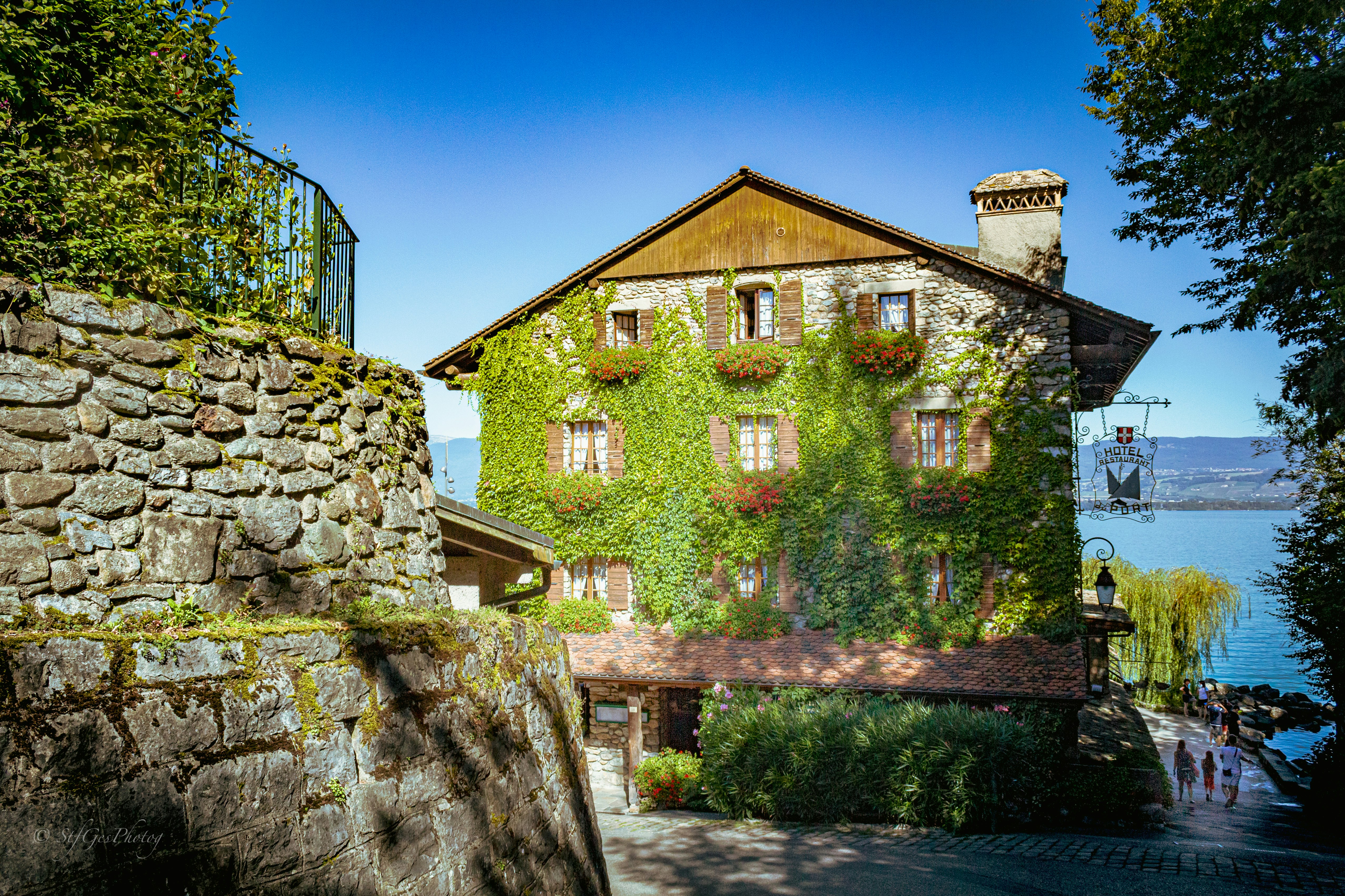 Charming ivy-covered building nestled beside a serene lake, showcasing rustic architecture and inviting balconies adorned with flowers.