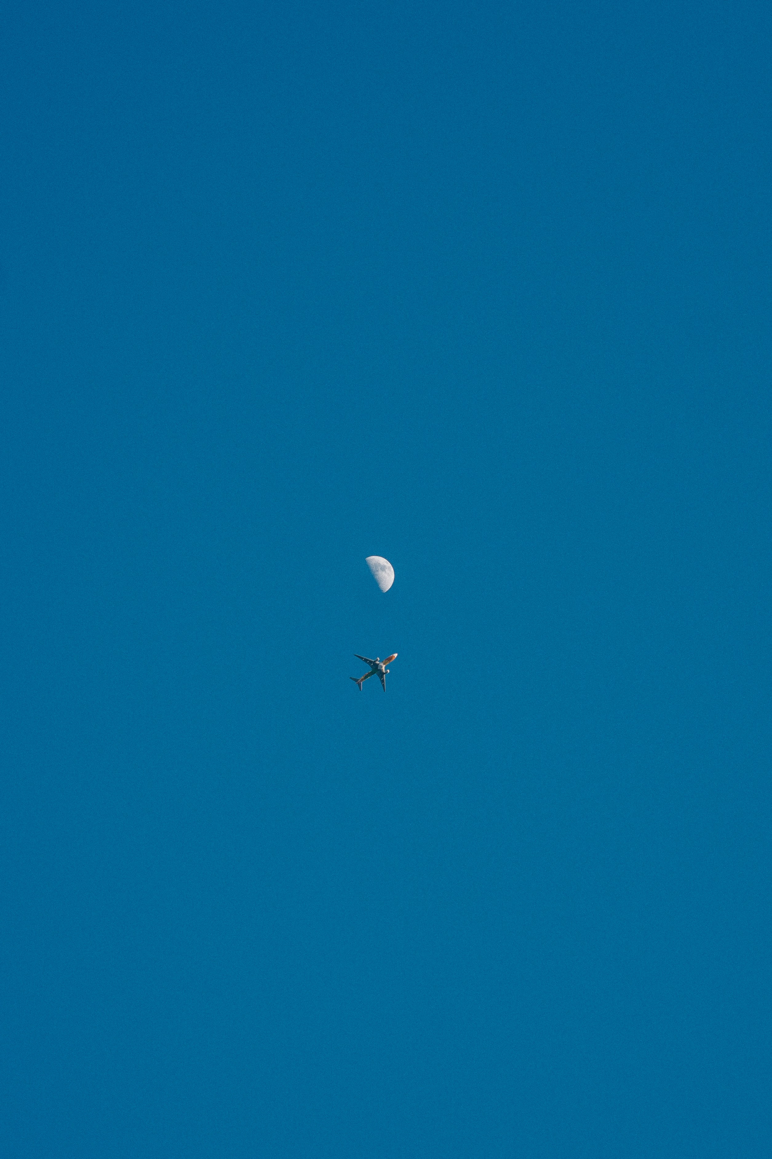 An airplane glides beneath a crescent moon, framed against a clear blue sky.