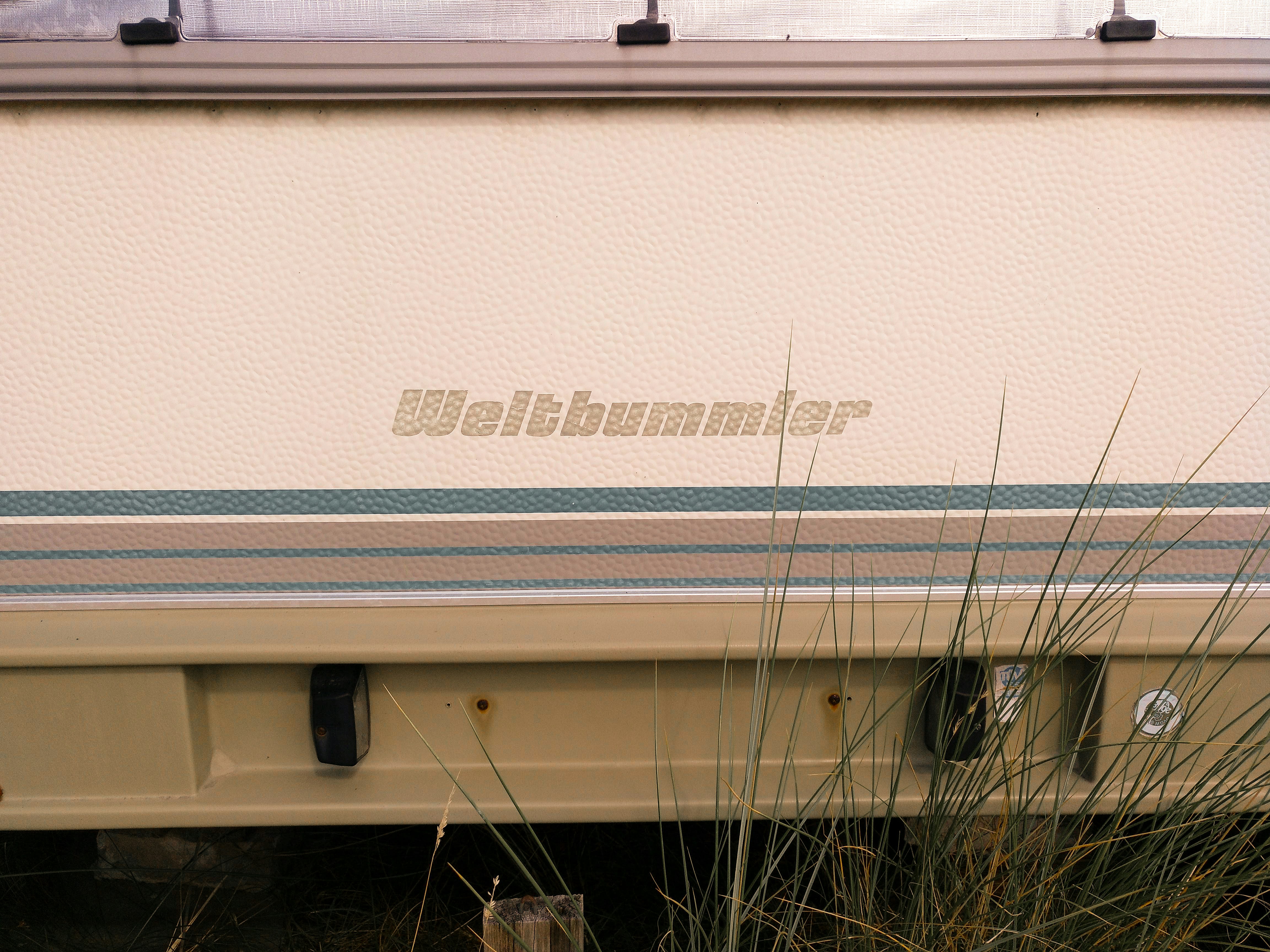 Close-up photograph of the rear of a beige vintage trailer with teal stripes and a textured surface, with tall grass in the foreground.