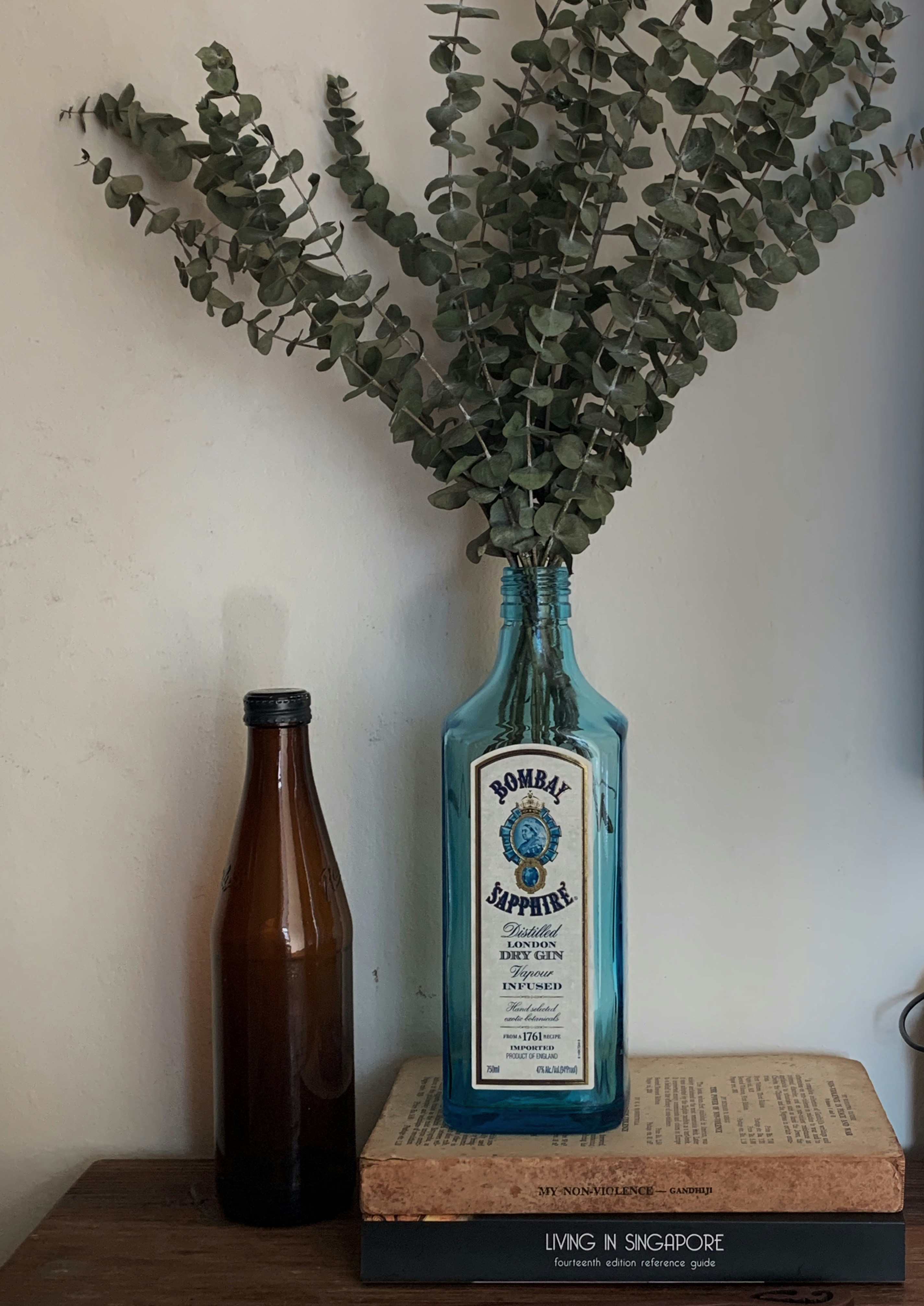 blue and white labeled bottle