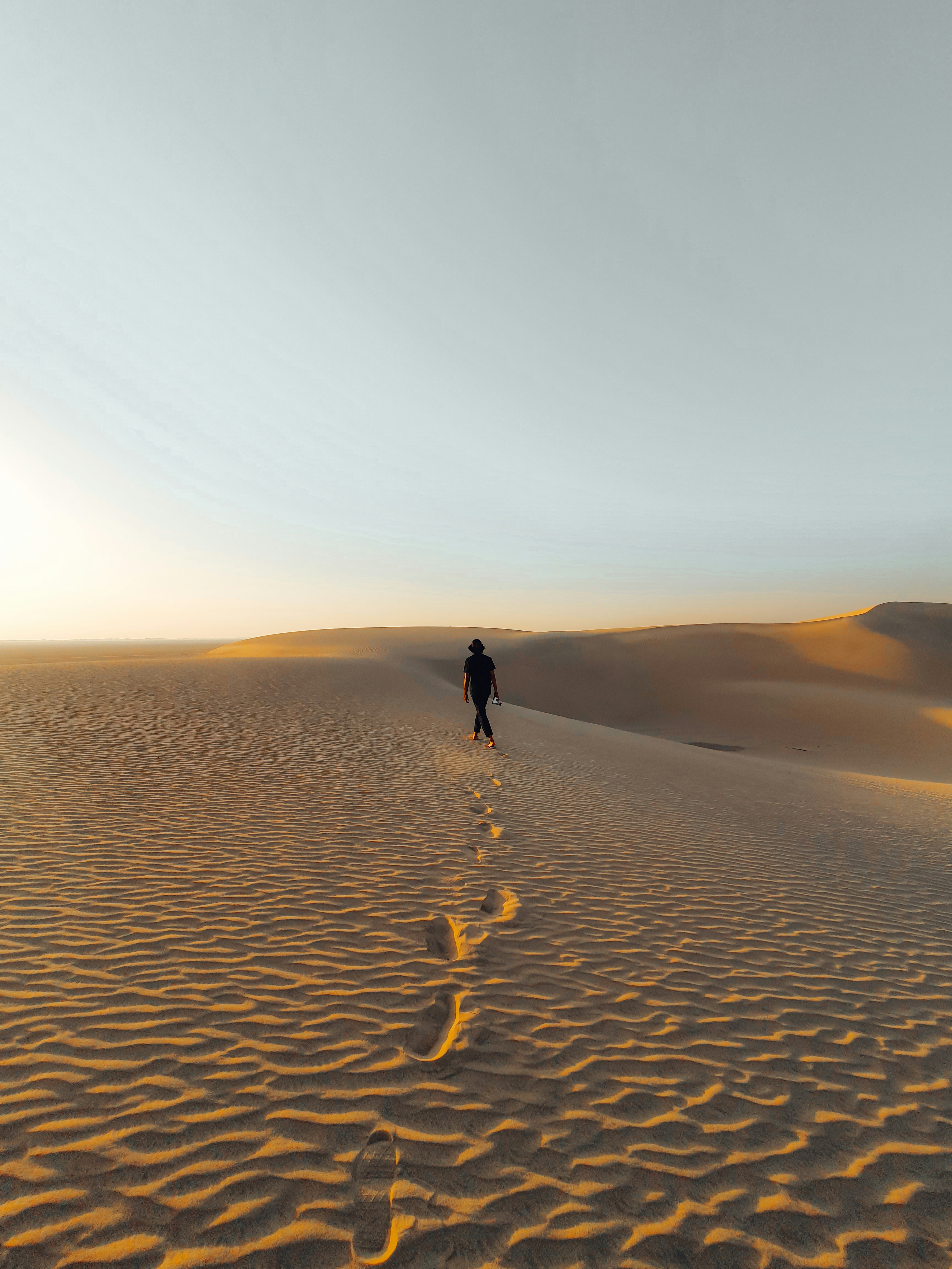 A solitary figure walks across undulating sand dunes under a soft, expansive sky. The footprints trace a path through the golden landscape.