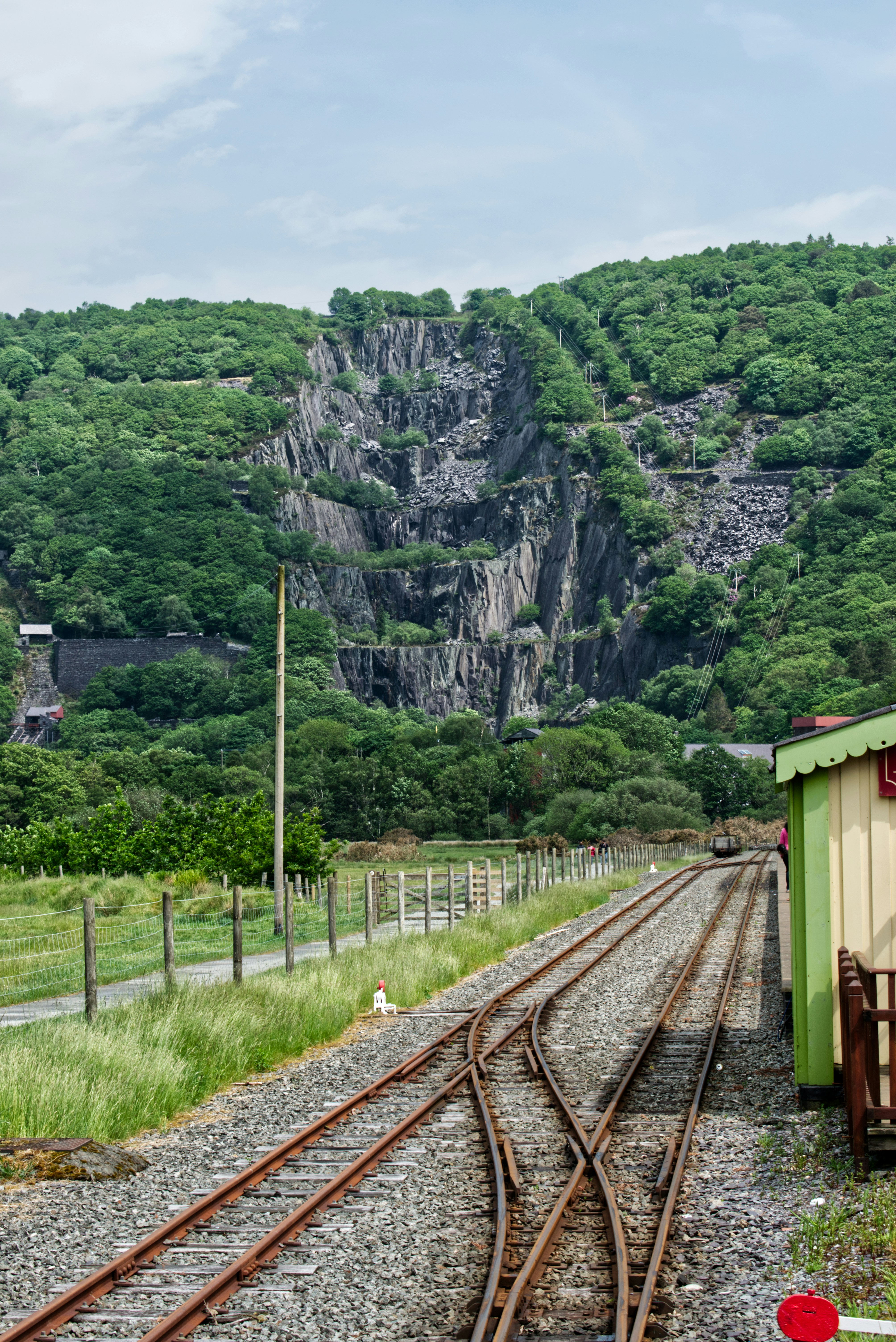 brown train rail near green trees and mountain during daytime