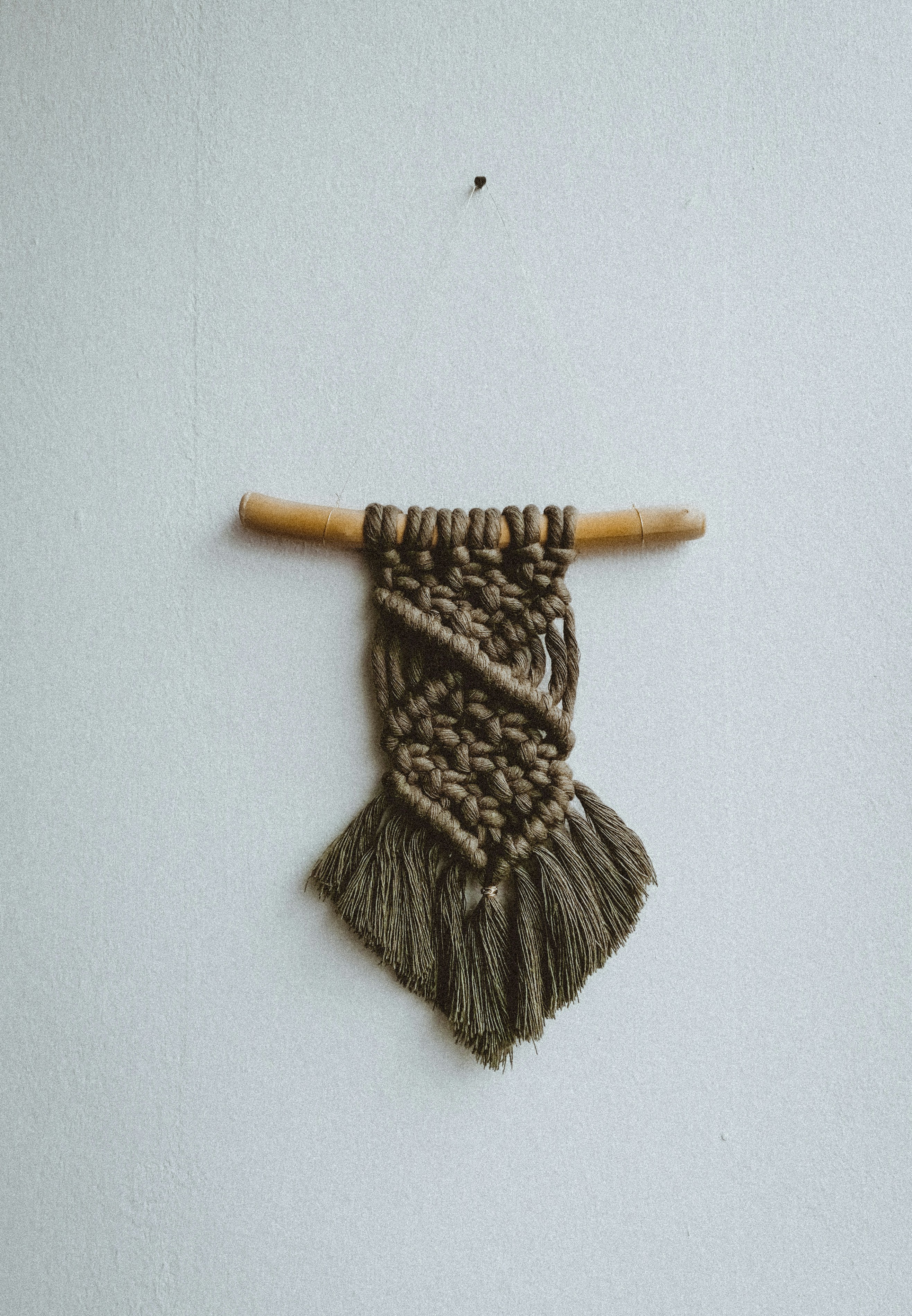 Intricately woven macramé wall hanging featuring earthy tones and a fringe detail, suspended from a wooden rod against a light wall.