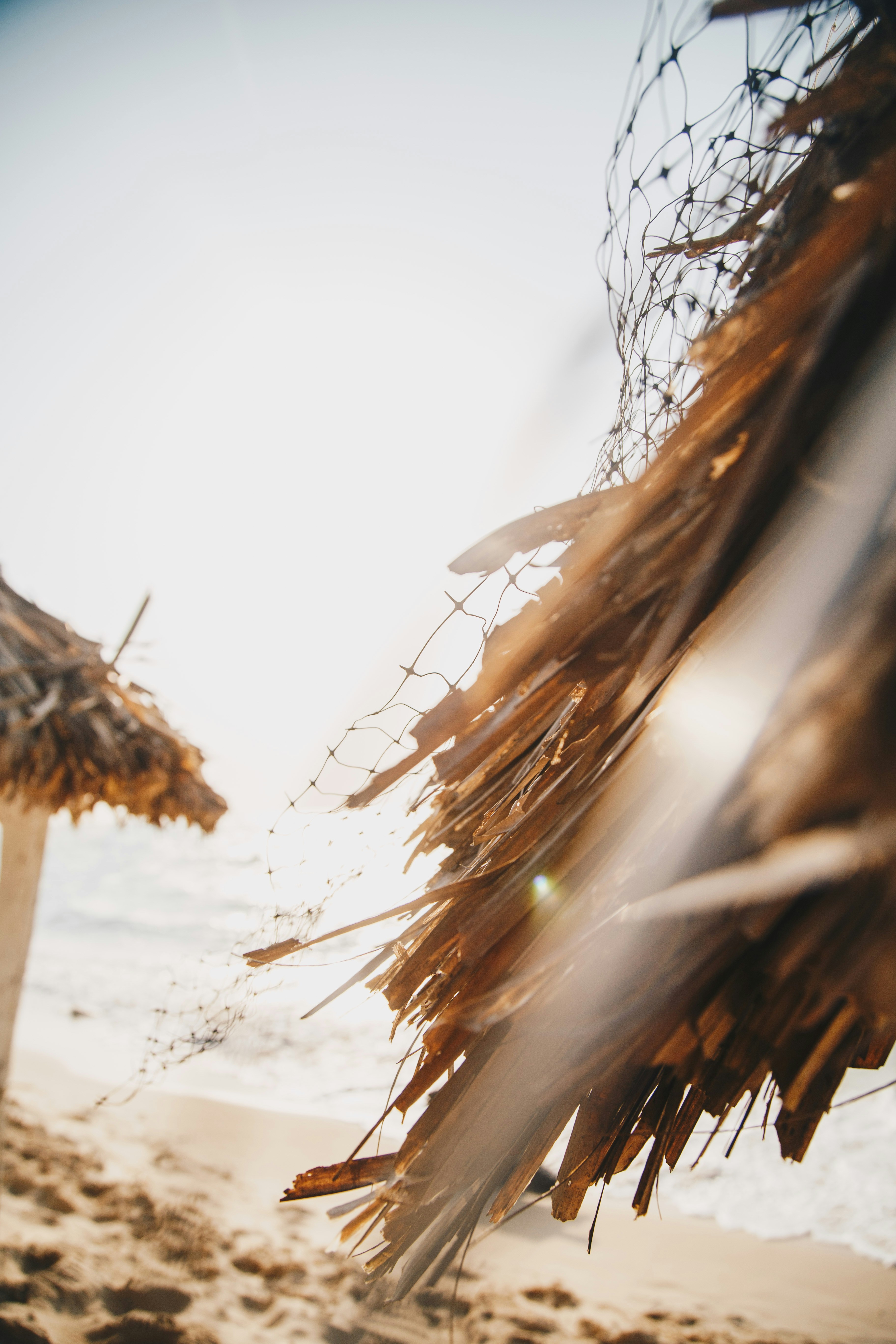 Straw beach hut with a sunlit ocean backdrop.