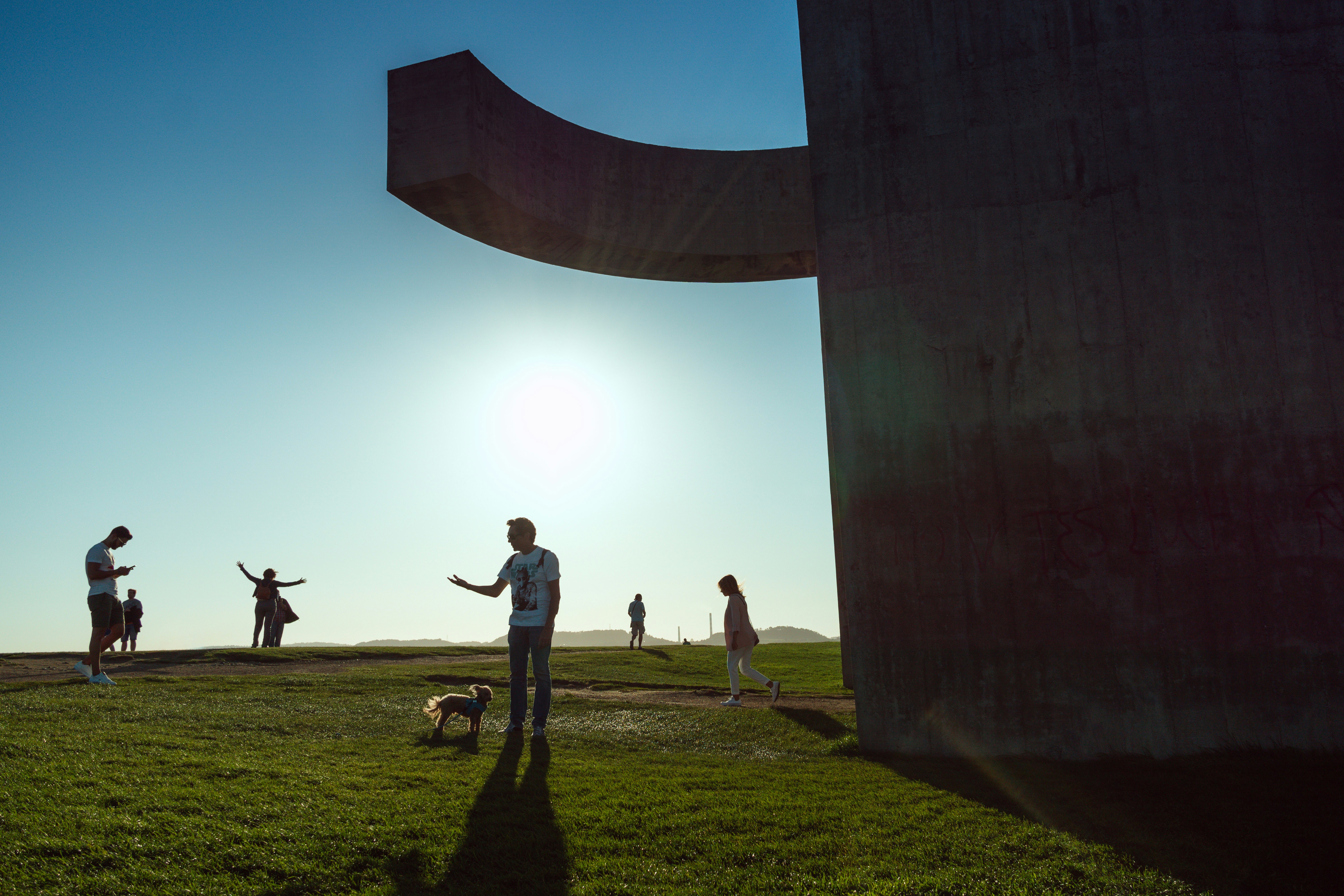People and a dog walk near a large abstract sculpture on a grassy field under a bright sun.