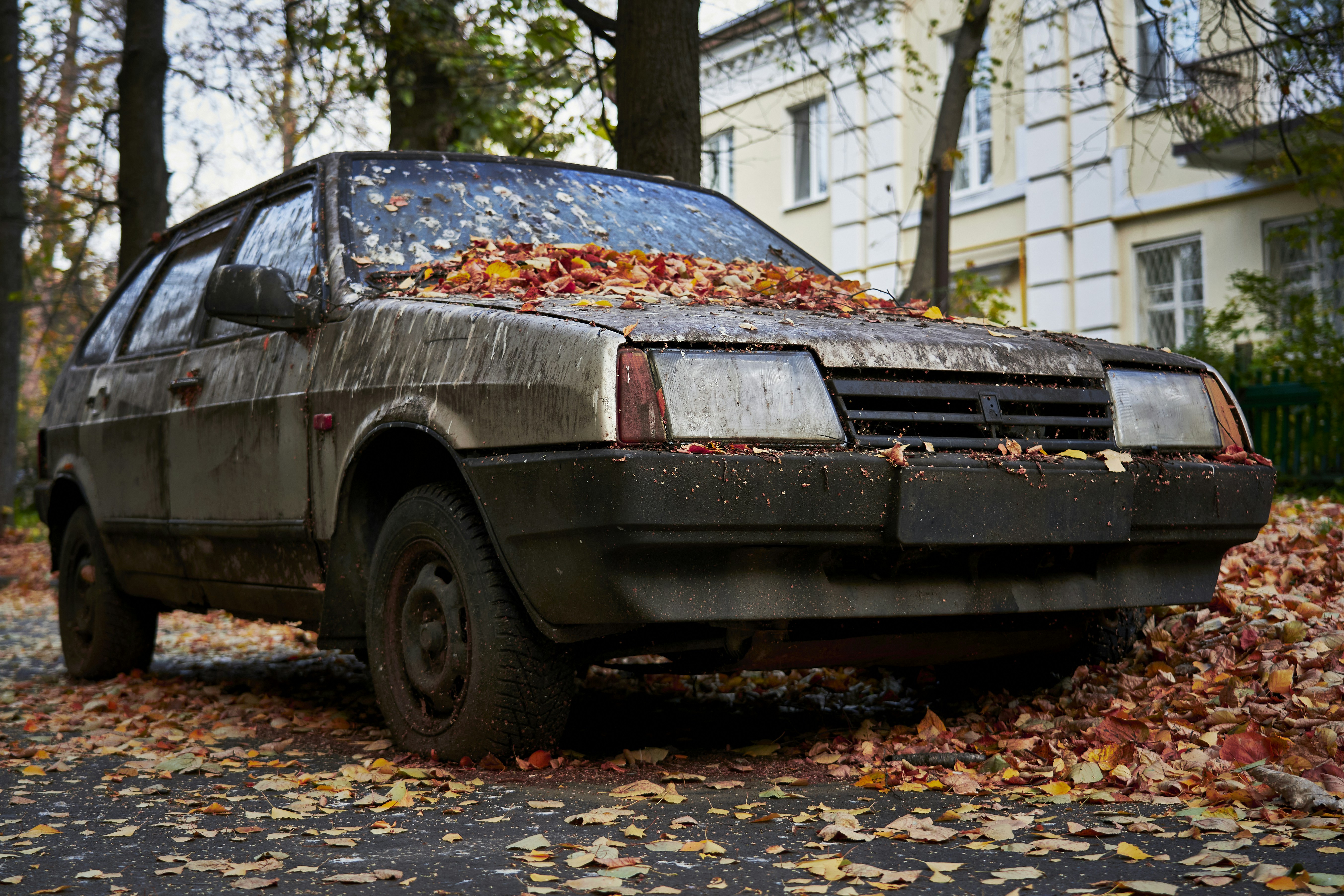 Leaf-Laden Silence: A Weathered Sedan on an Autumn Street