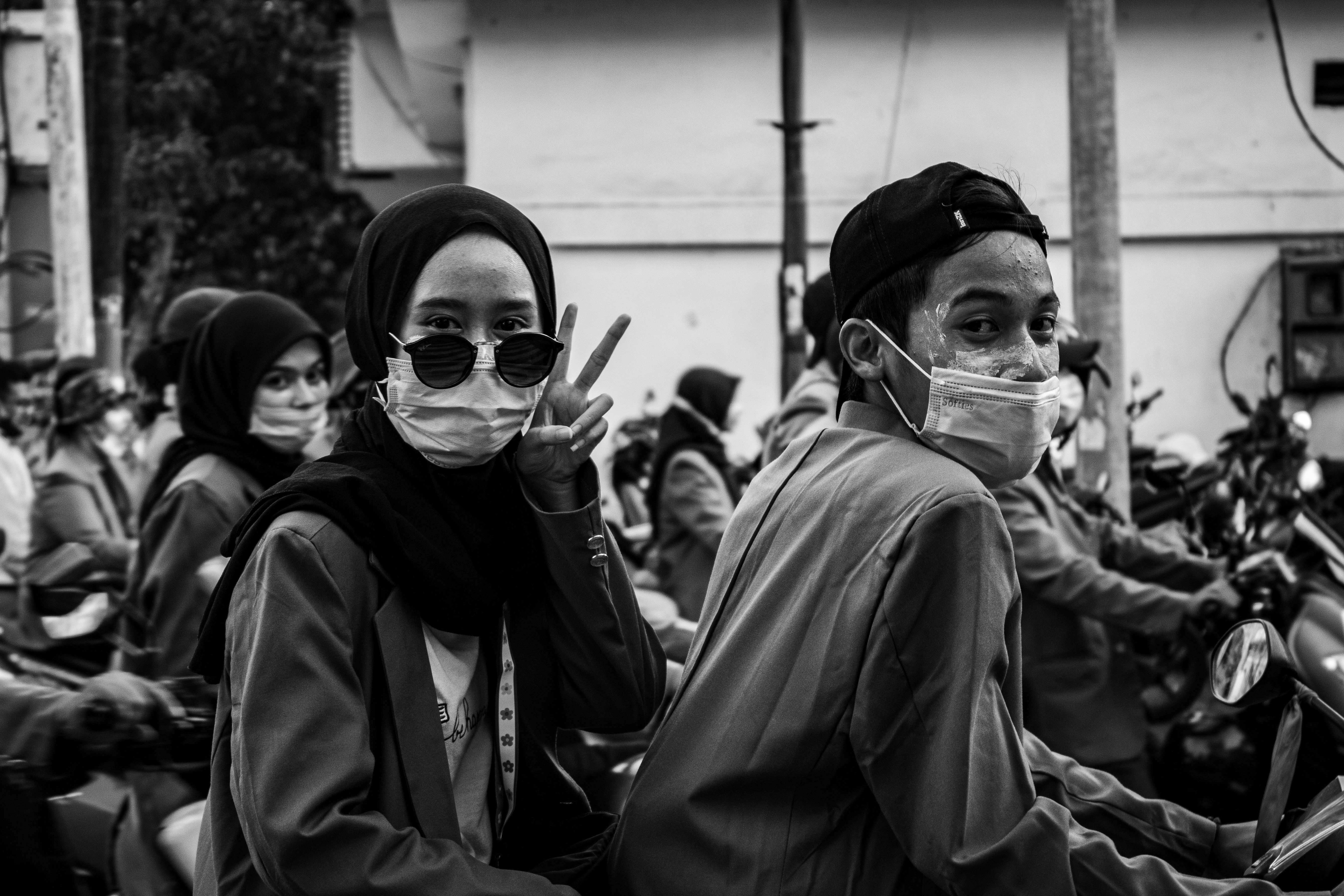 SURABAYA, INDONESIA - OCT 08, 2020: People Down the street, Protests against Indonesia's new labor regulations of Cipta Kerja In Surabaya City