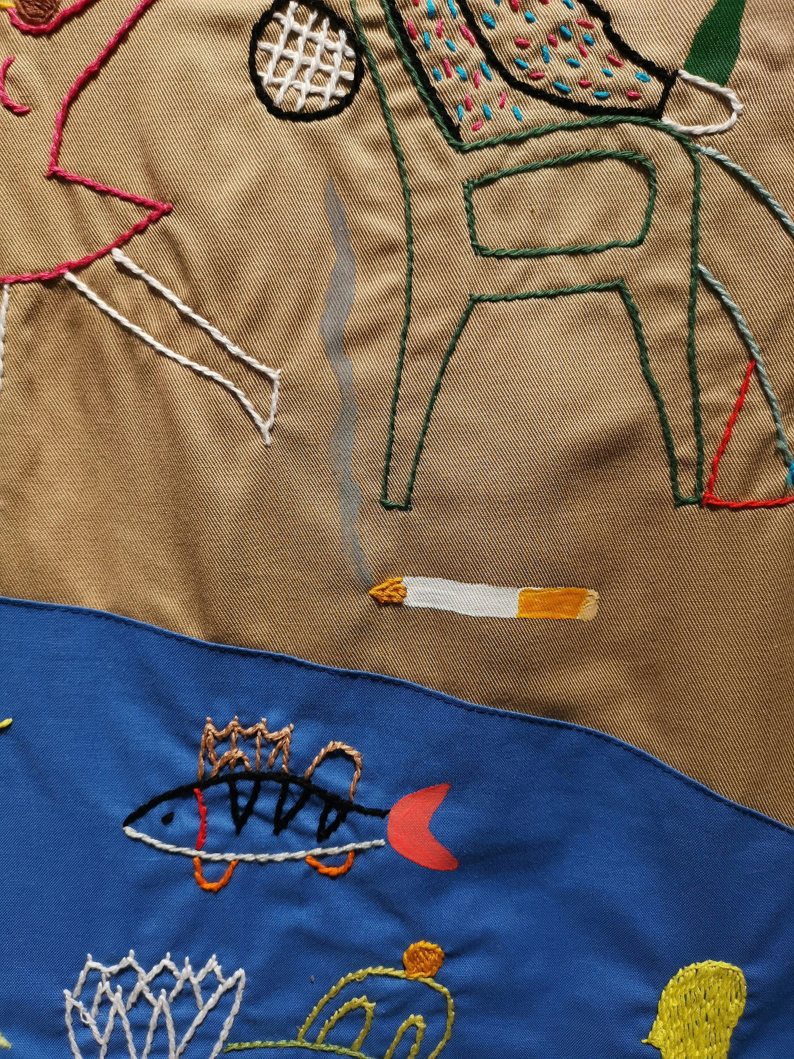 Patchwork Tide: A Cigarette Anchoring a Stitch-Collage Seascape