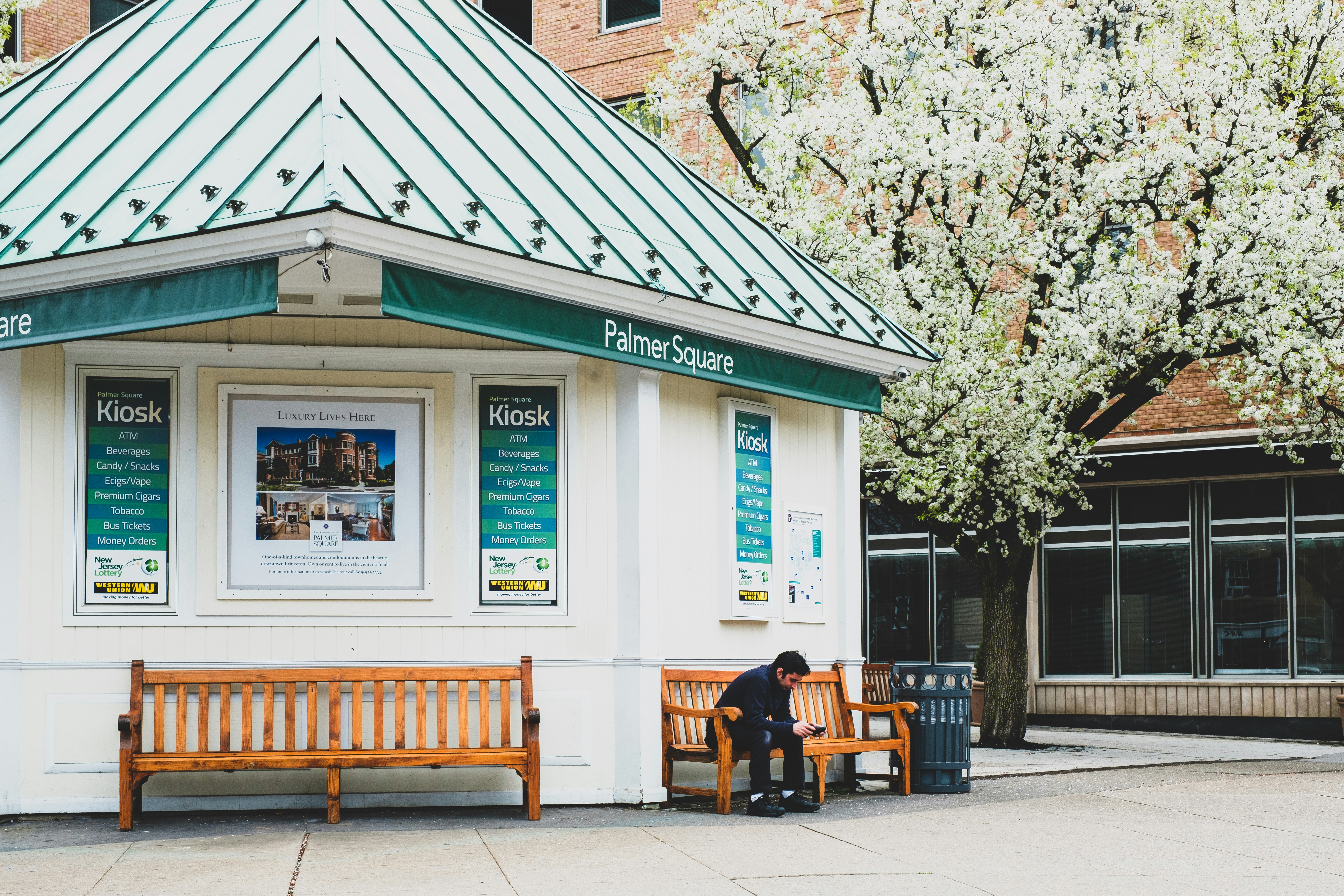 Palmer Square Kiosk: Quiet Afternoon Bench Moment Under Spring Blossoms