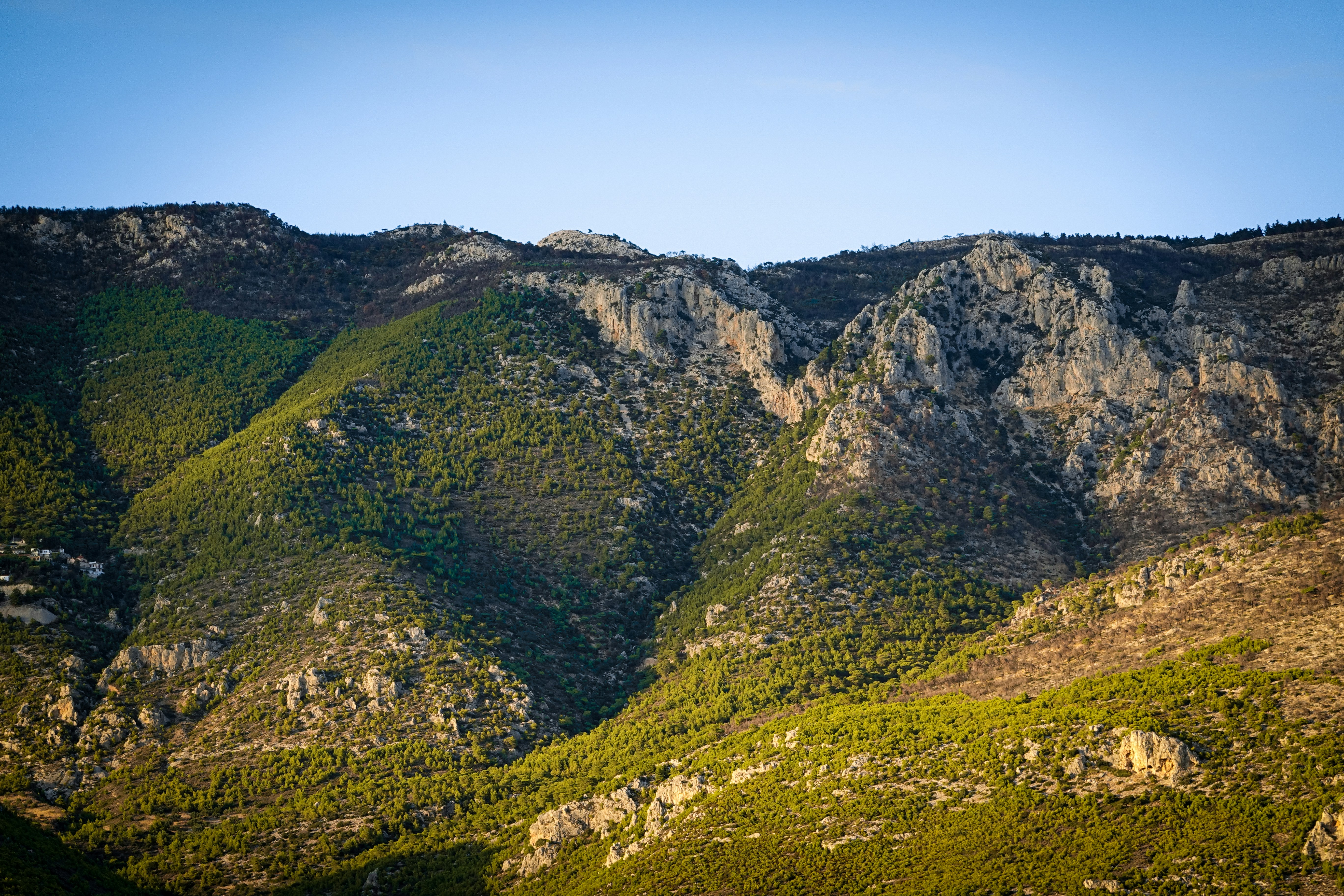 Lush green mountainside showcasing rugged cliffs and vibrant vegetation under a clear blue sky.