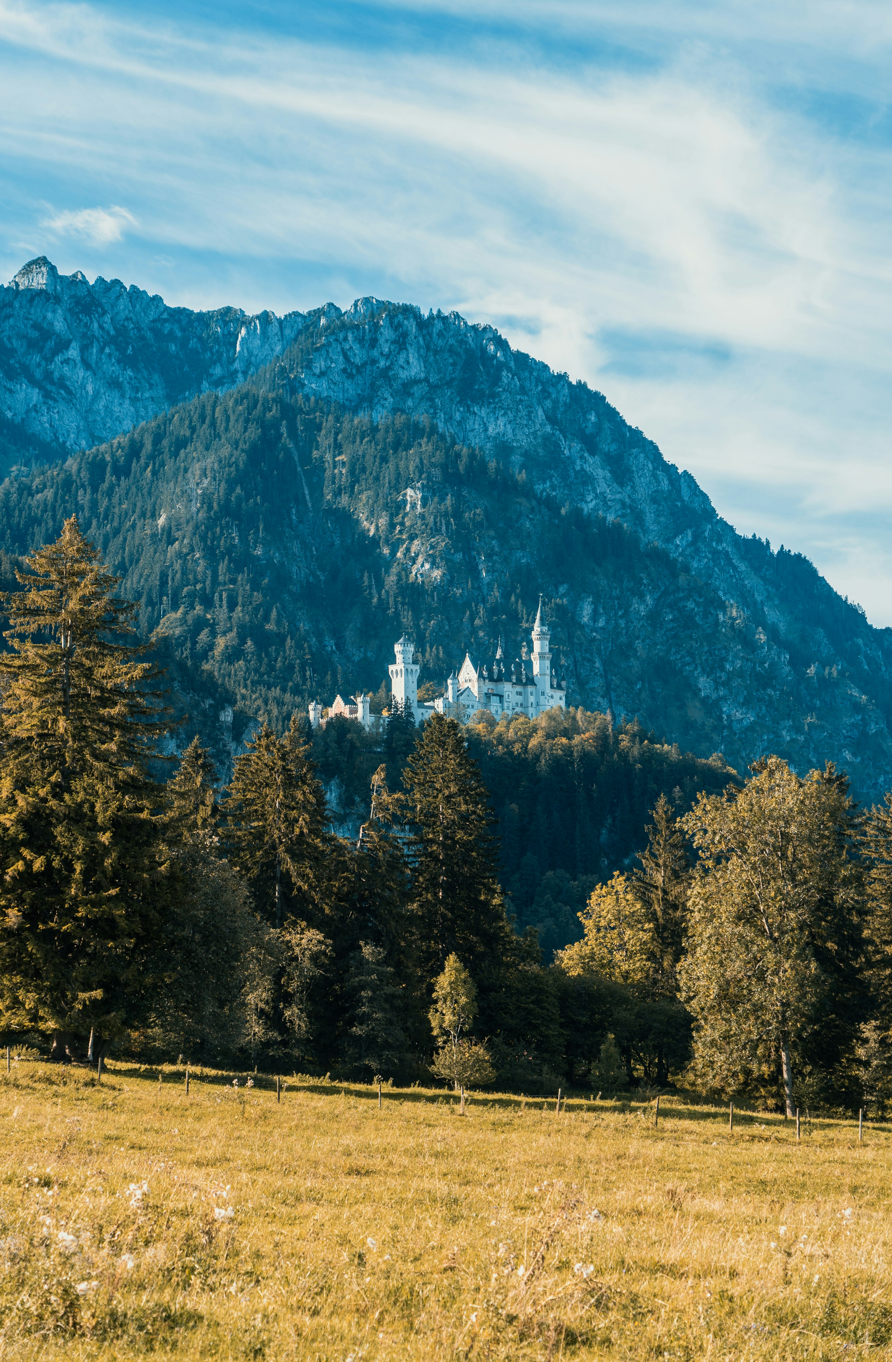 A fairy-tale castle perched on a mountainside, surrounded by lush trees and towering peaks under a clear sky.