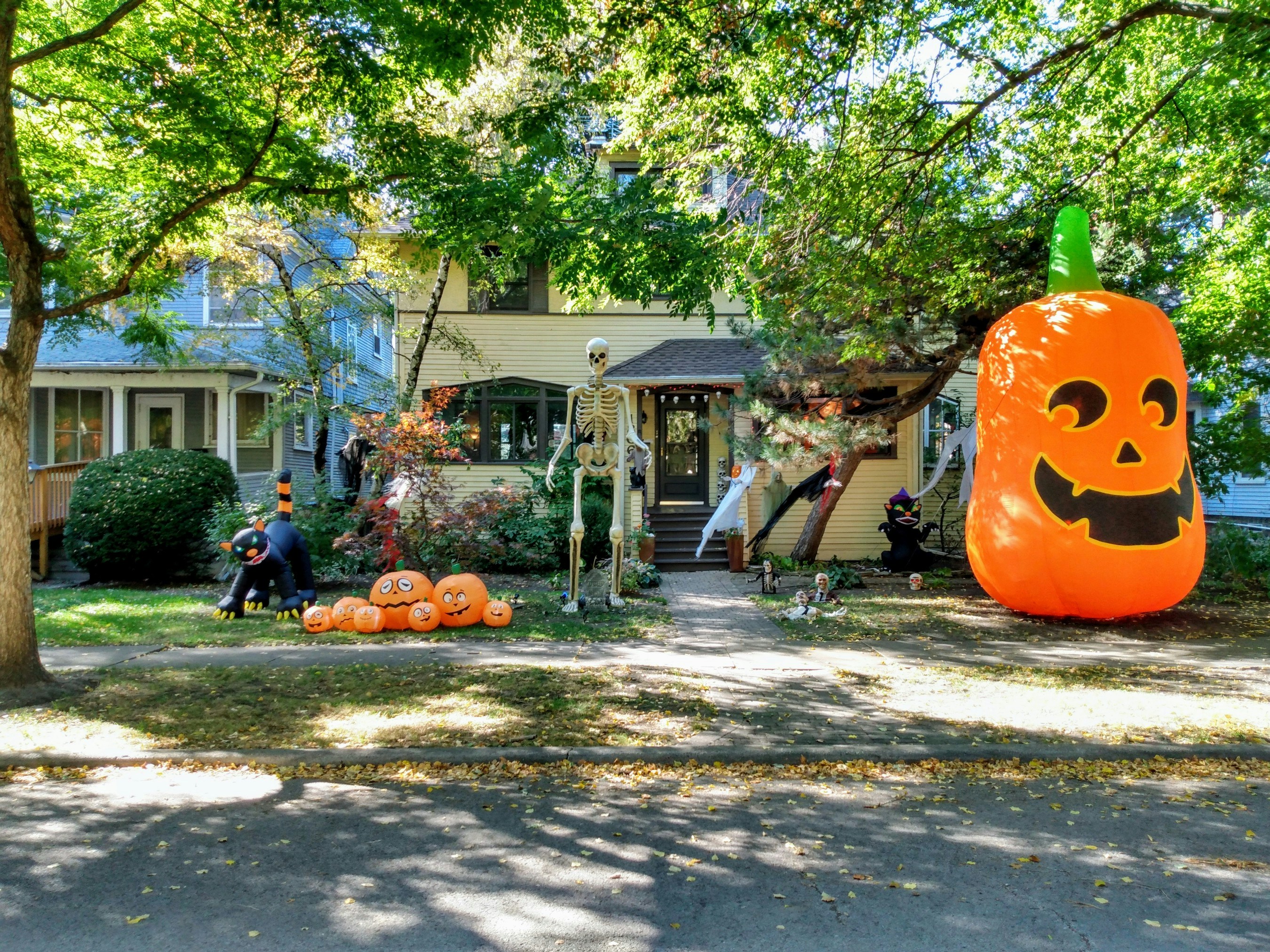 Halloween Parade of Puppets: Skeletons and Pumpkins Guard a Front Yard