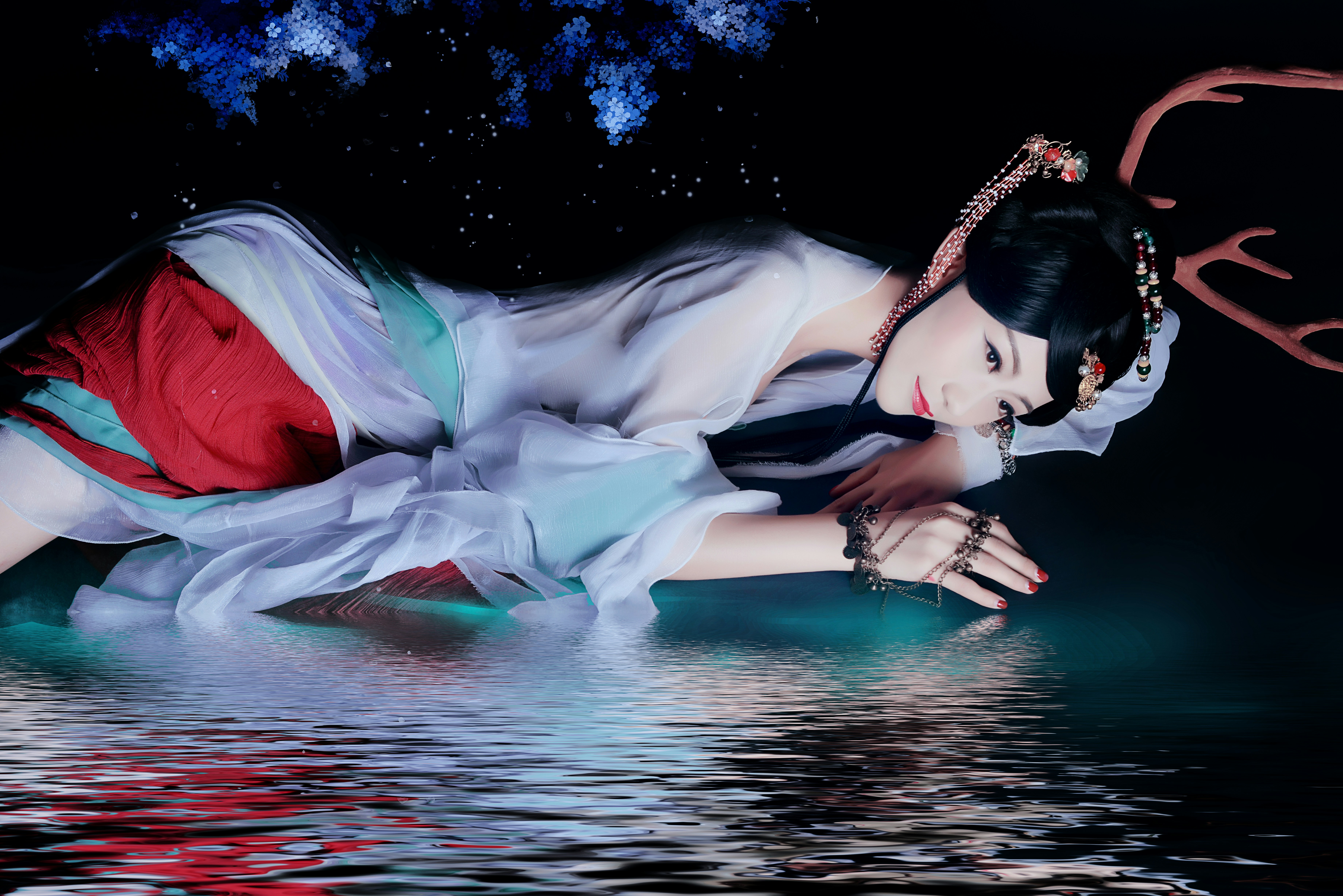 Moonlit Elegance: A Floating Portrait in Water and Silk
