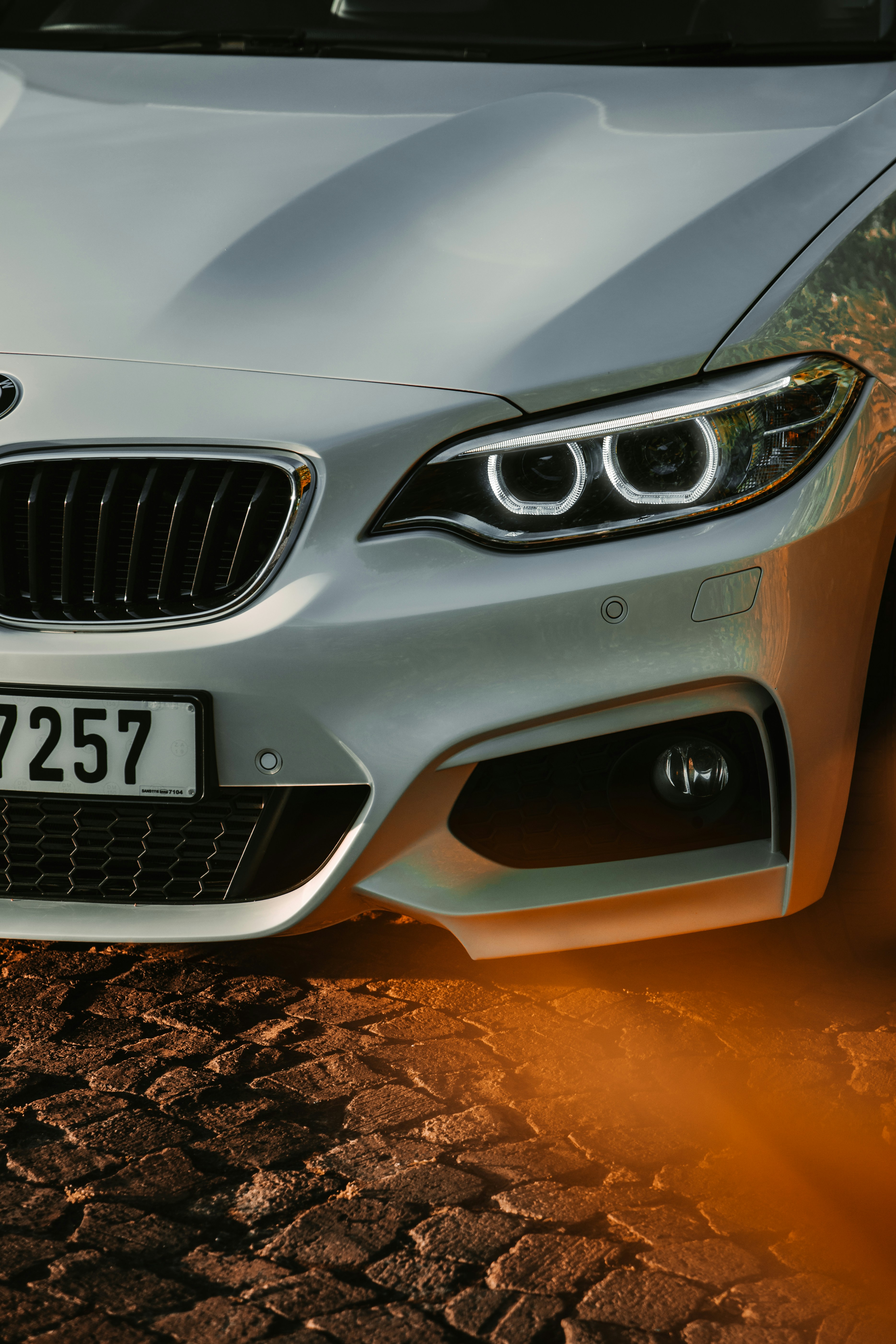 Front-Quarter of a Silver BMW: Faceted Grille and Neon Eyelets
