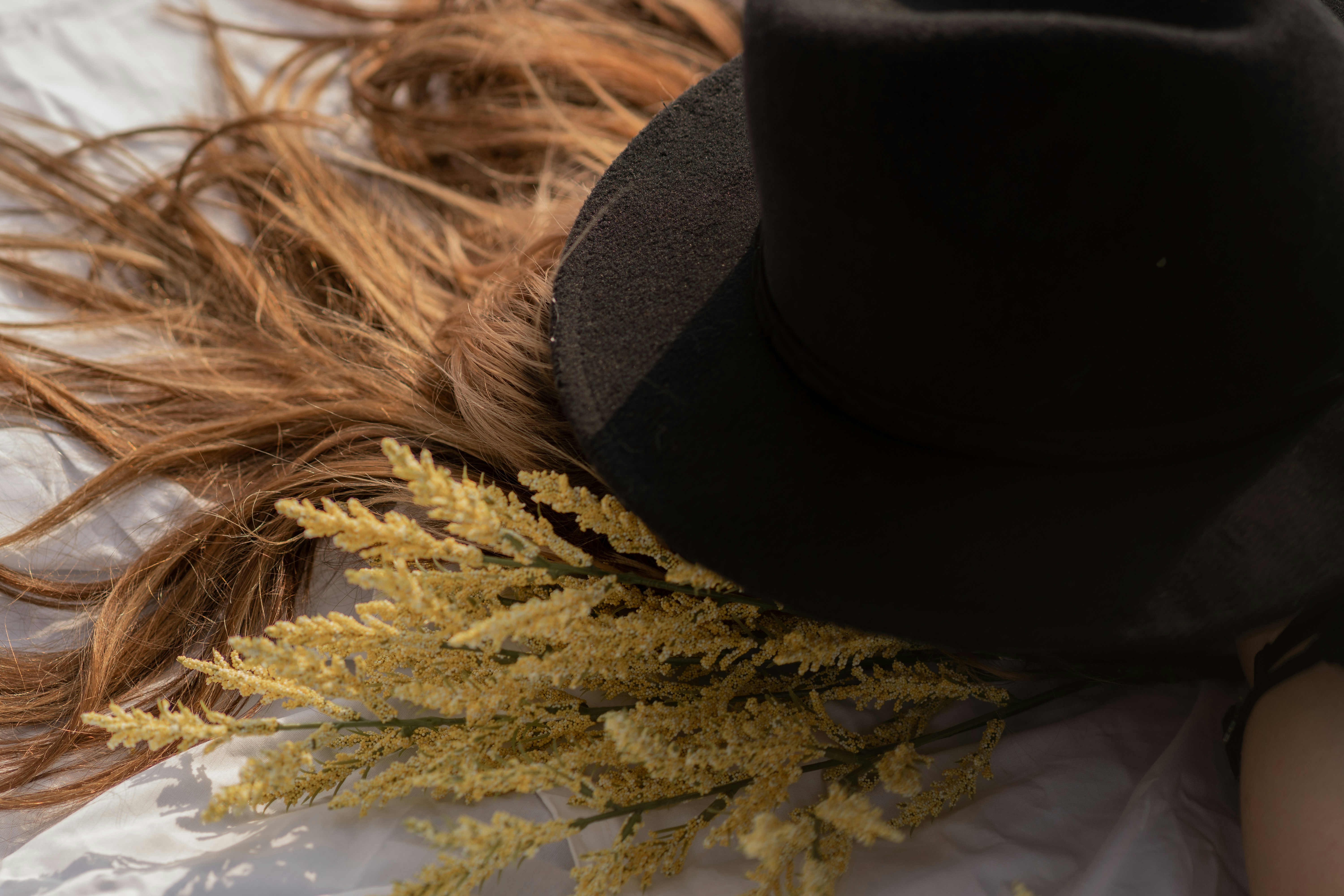 Noir Top Hat and Golden Sprigs: A Quiet Still-Life Moment