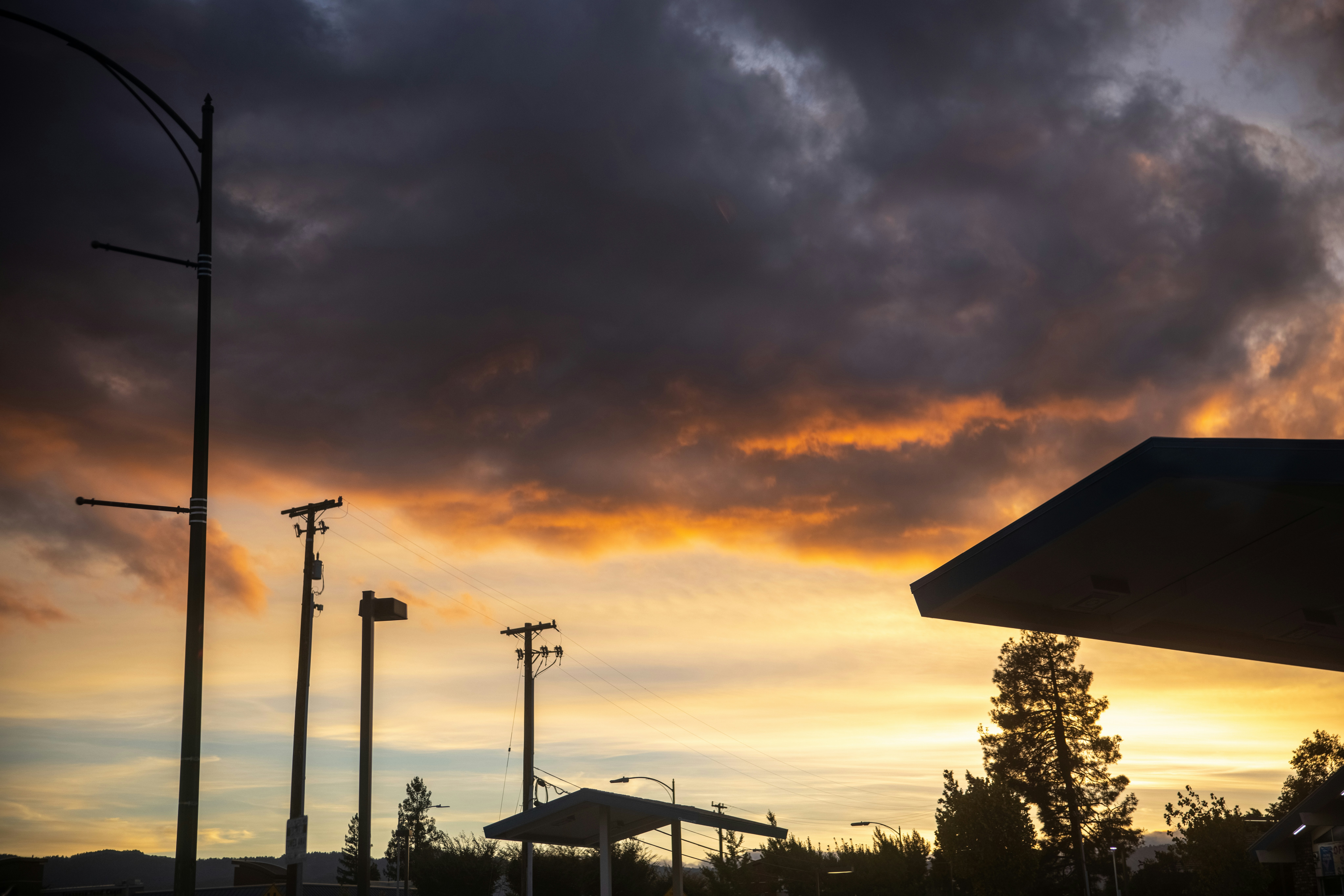 silhouette of trees and post lamps under cloudy sky during sunset