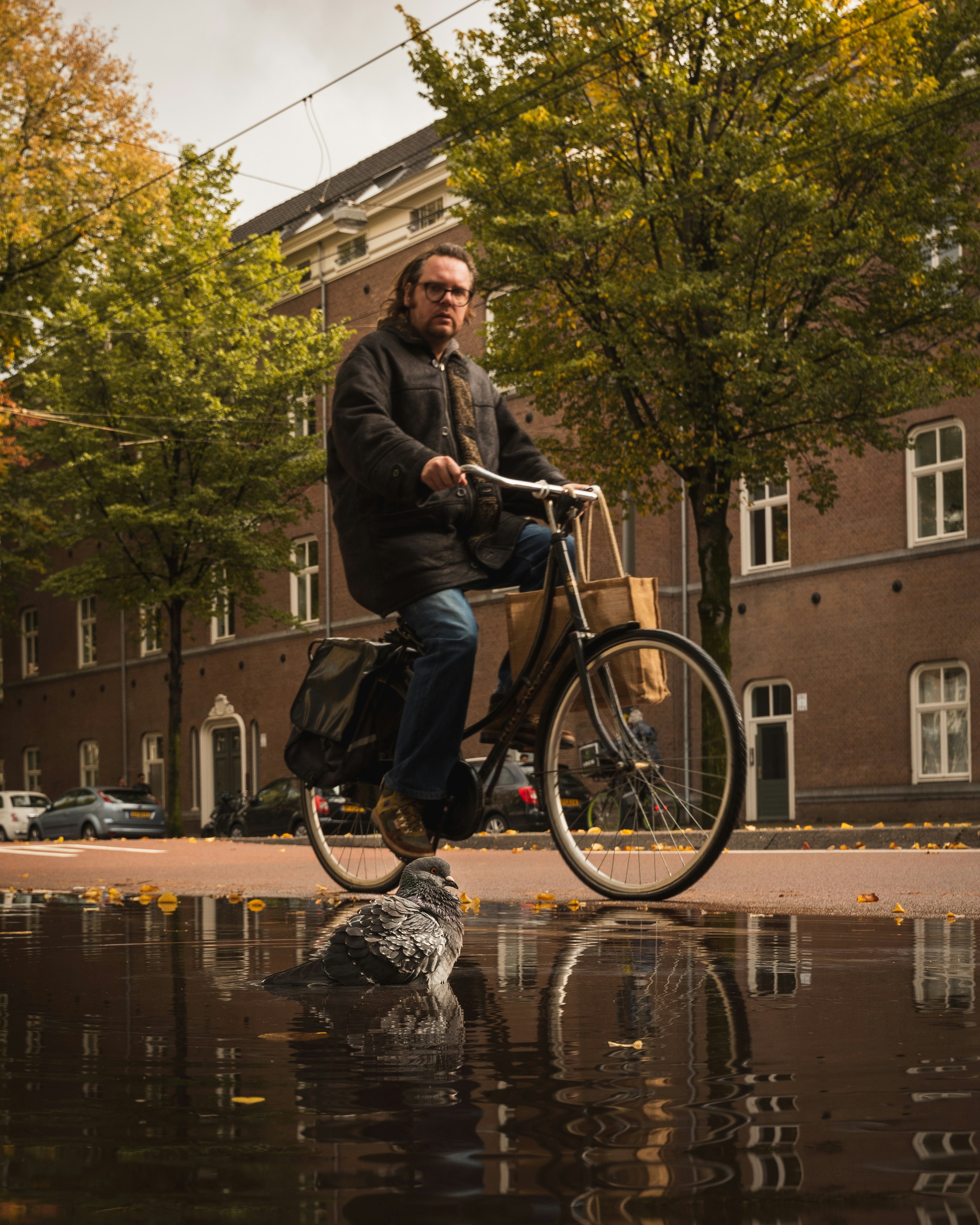 Autumn City Ride: A Cyclist Navigates Rain-Slick Streets and Puddle Reflections