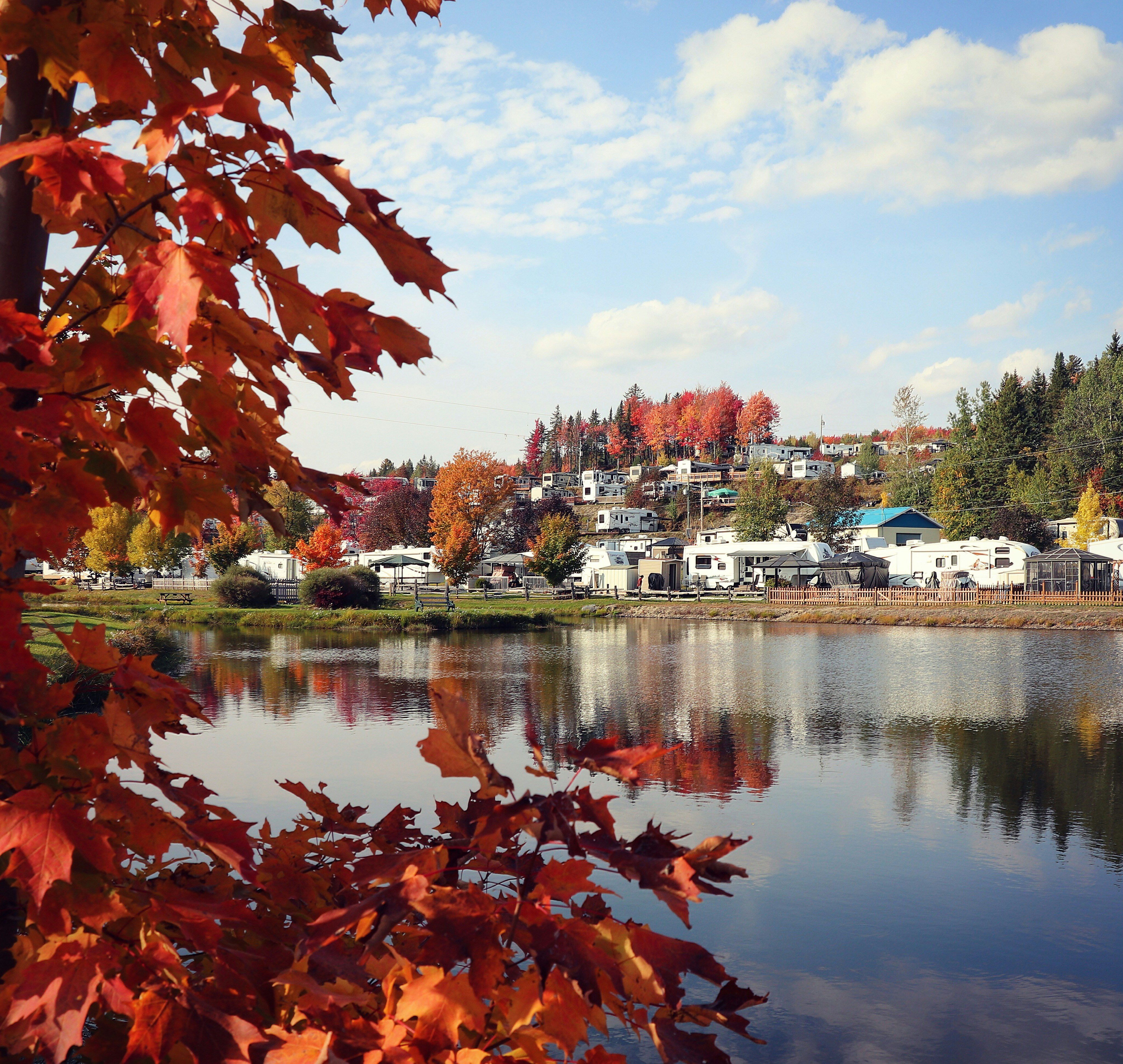 Autumn’s Mirror: Riverside cottages and maple glow