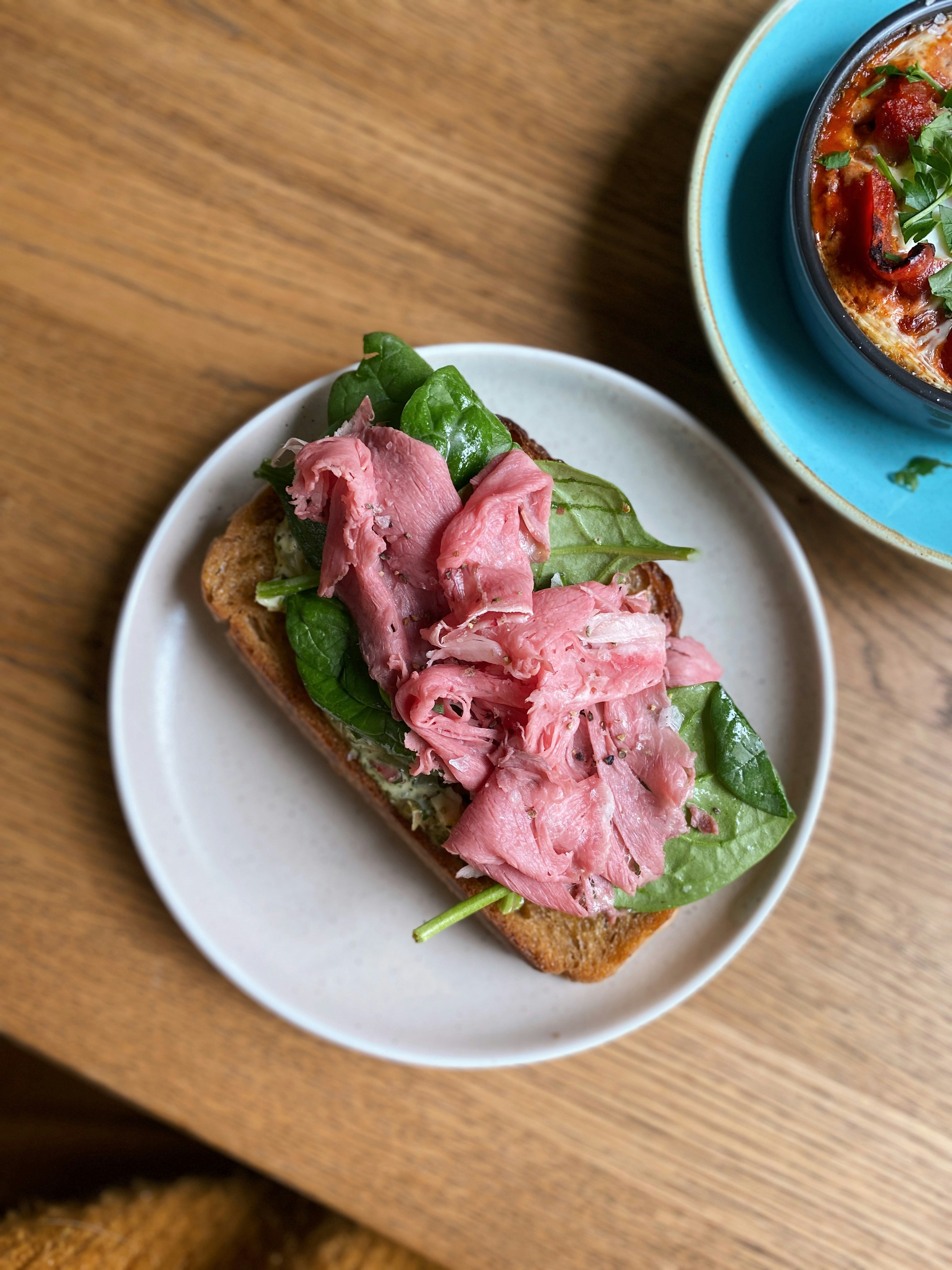 Pink Roast on Spinach Toast with Greens
