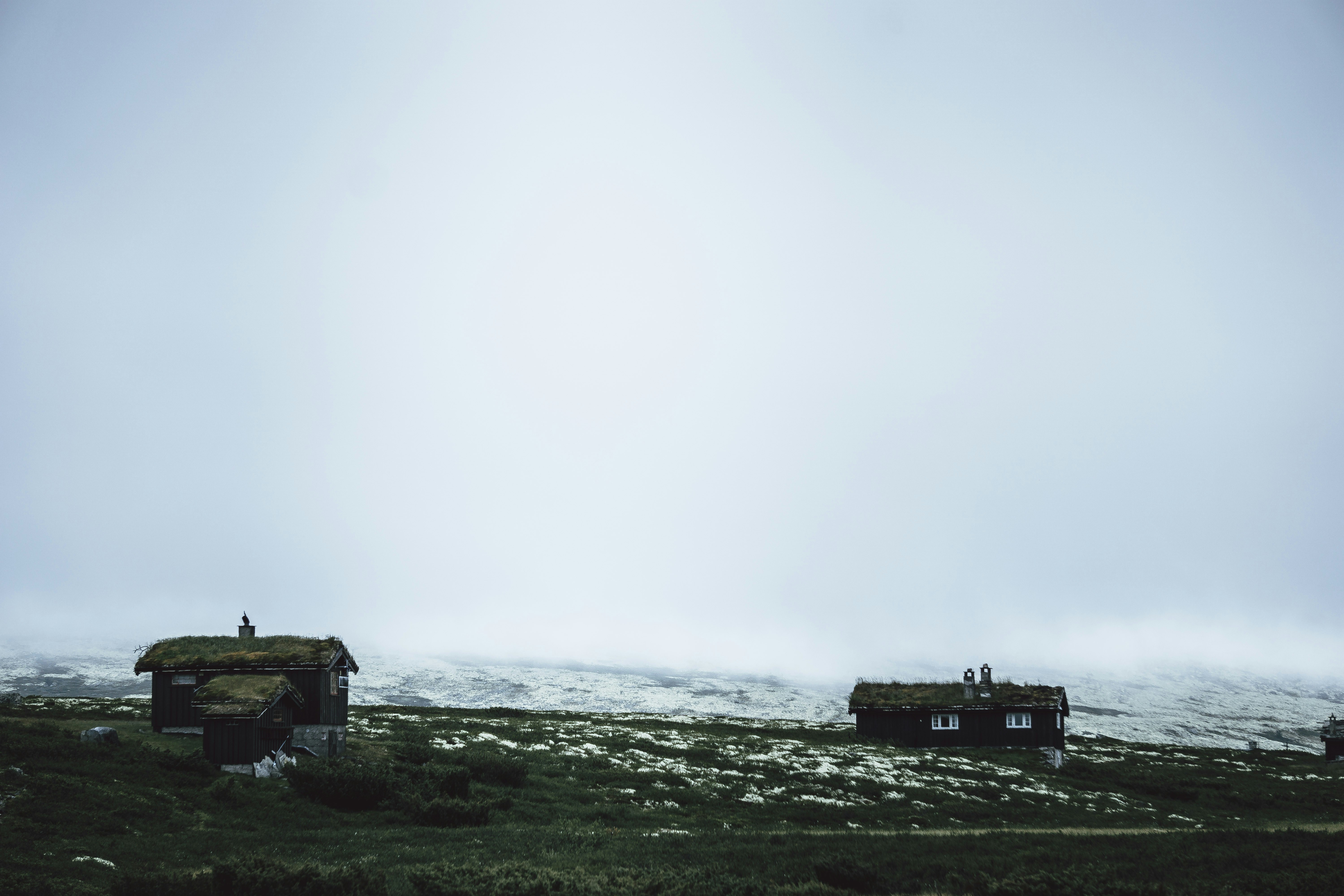 Two rustic huts with moss-covered roofs stand amidst a misty landscape, evoking a sense of solitude and history.