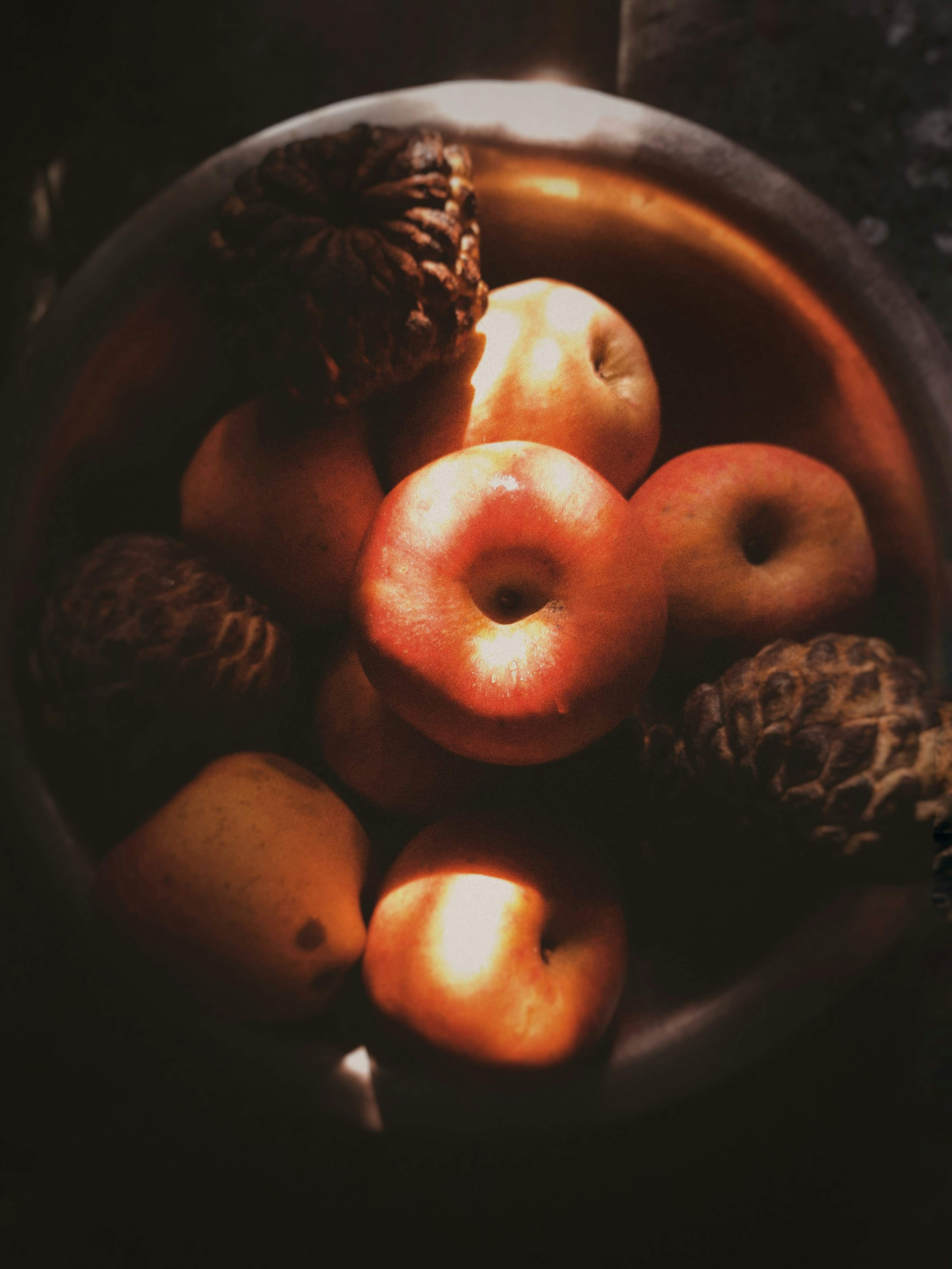 A collection of apples and pinecones arranged in a bowl, illuminated by soft, natural light, showcasing their textures and colors.