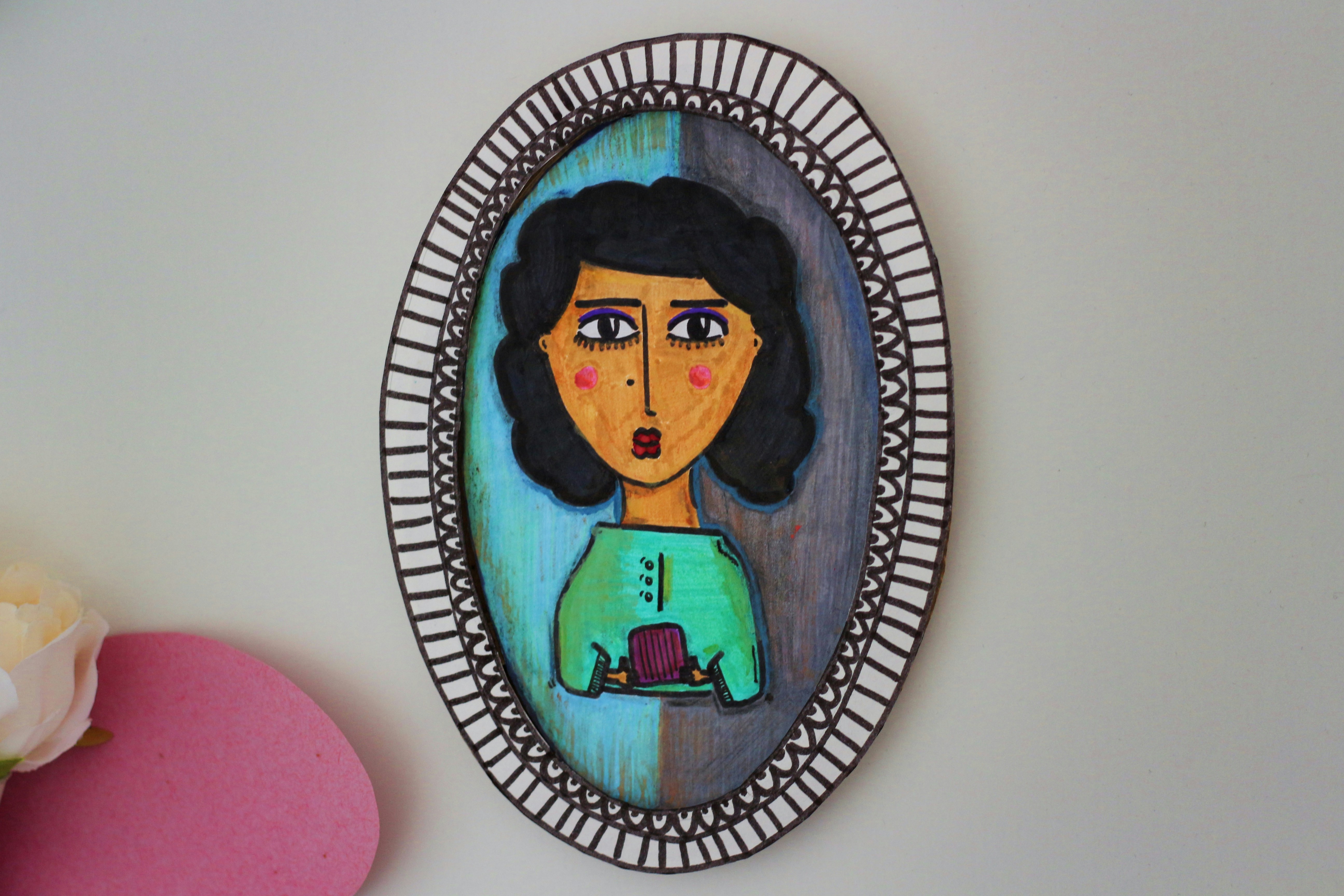 woman in yellow dress and black vest holding pink heart illustration