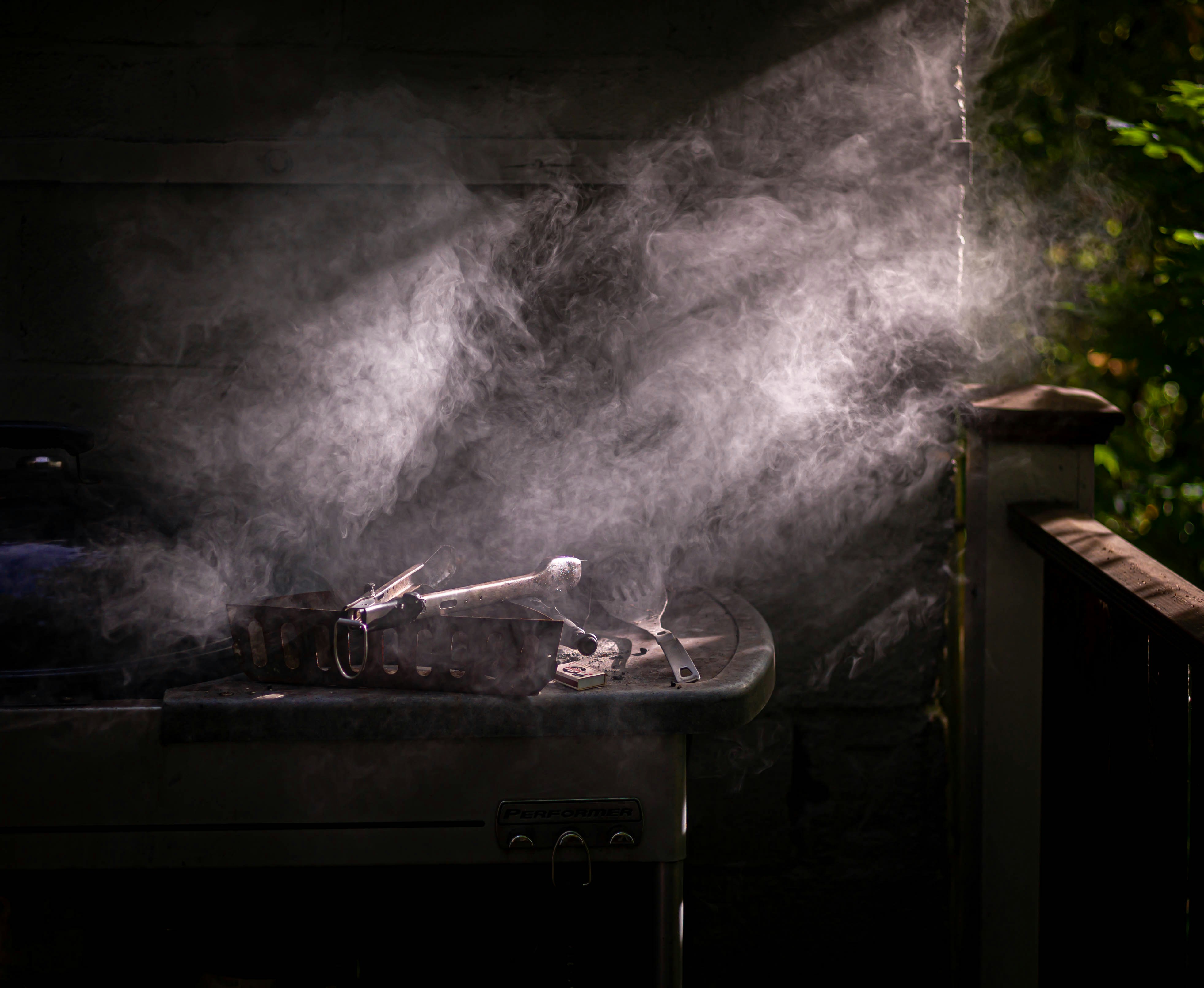 Smoke billowing from a grill, creating an atmospheric scene enhanced by soft light filtering through trees.