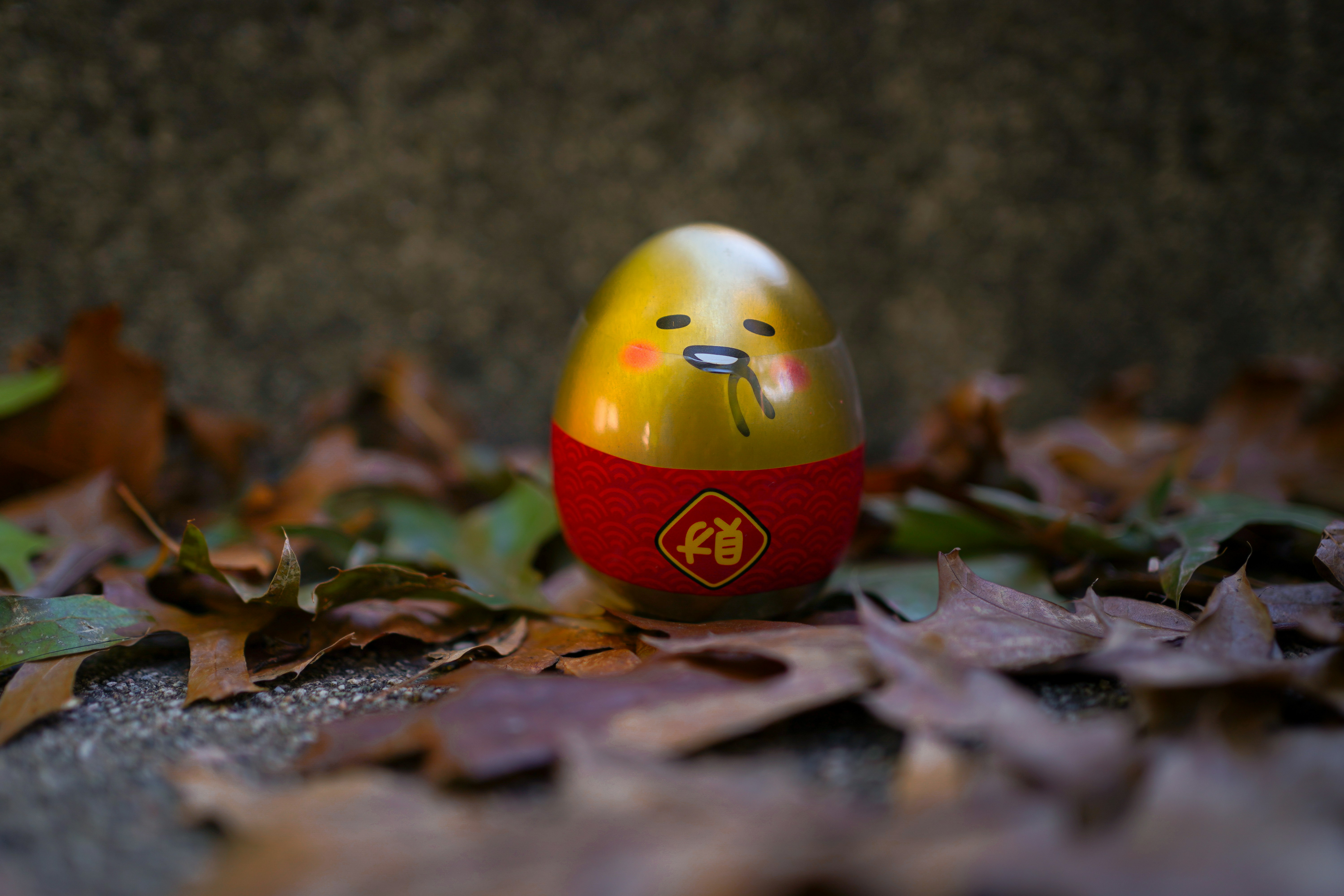 Tiny Mascot, Quiet Ground: A Rubber-Knob Character in Fallen Leaves