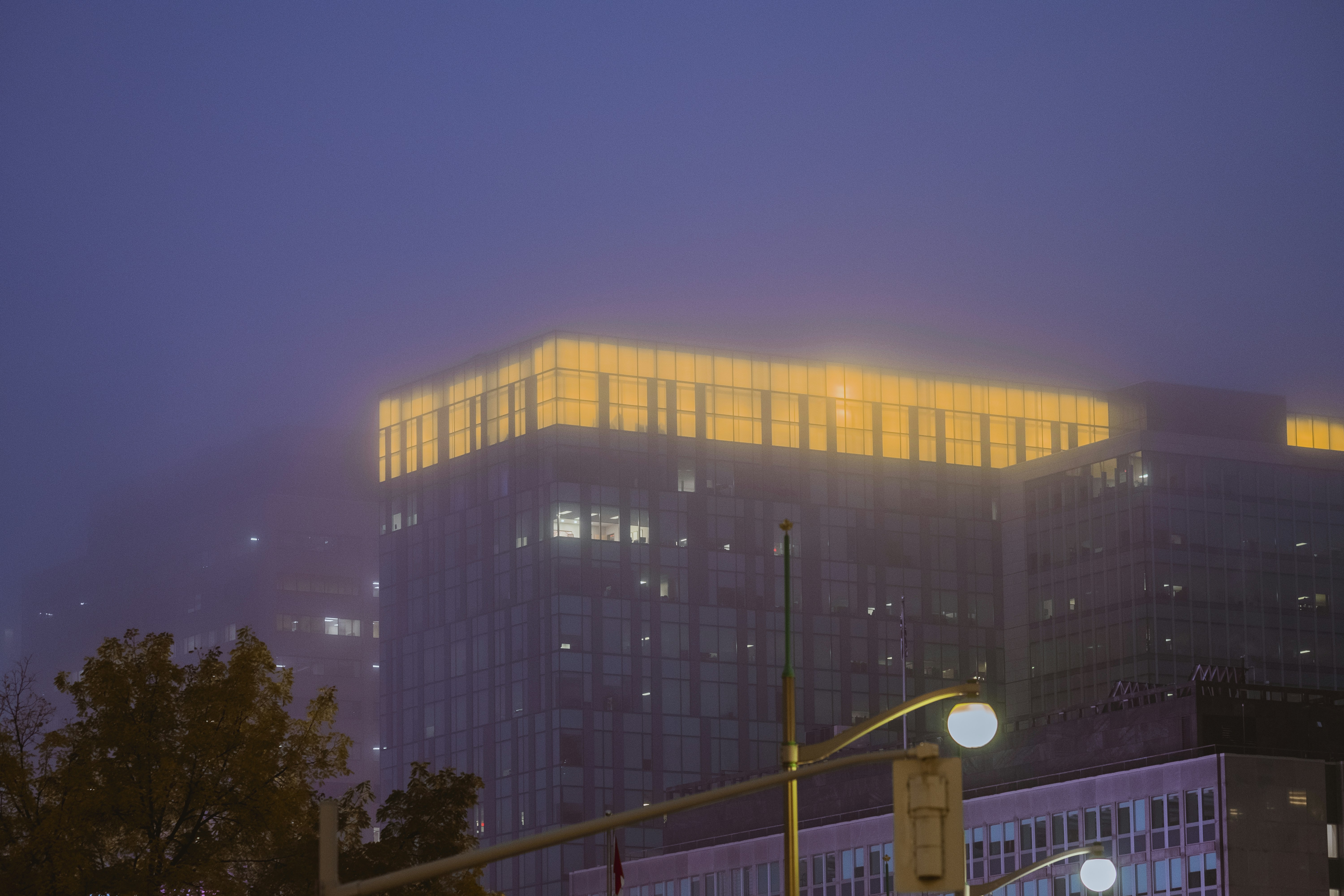 Golden Crown in the Fog: Night Portrait of a Glass Tower