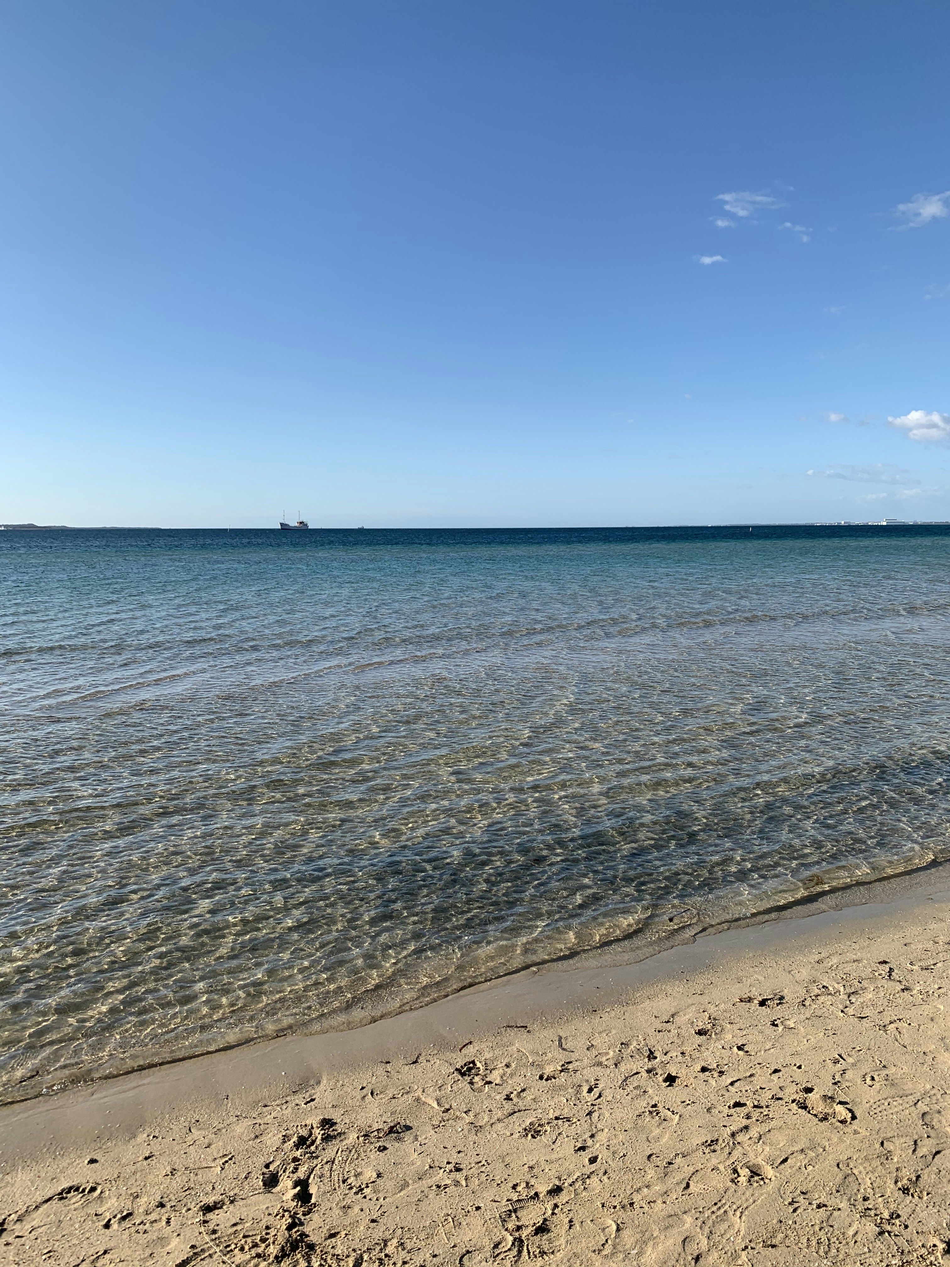 Gentle waves lapping at a sandy beach under a clear blue sky, with a distant ship on the horizon.