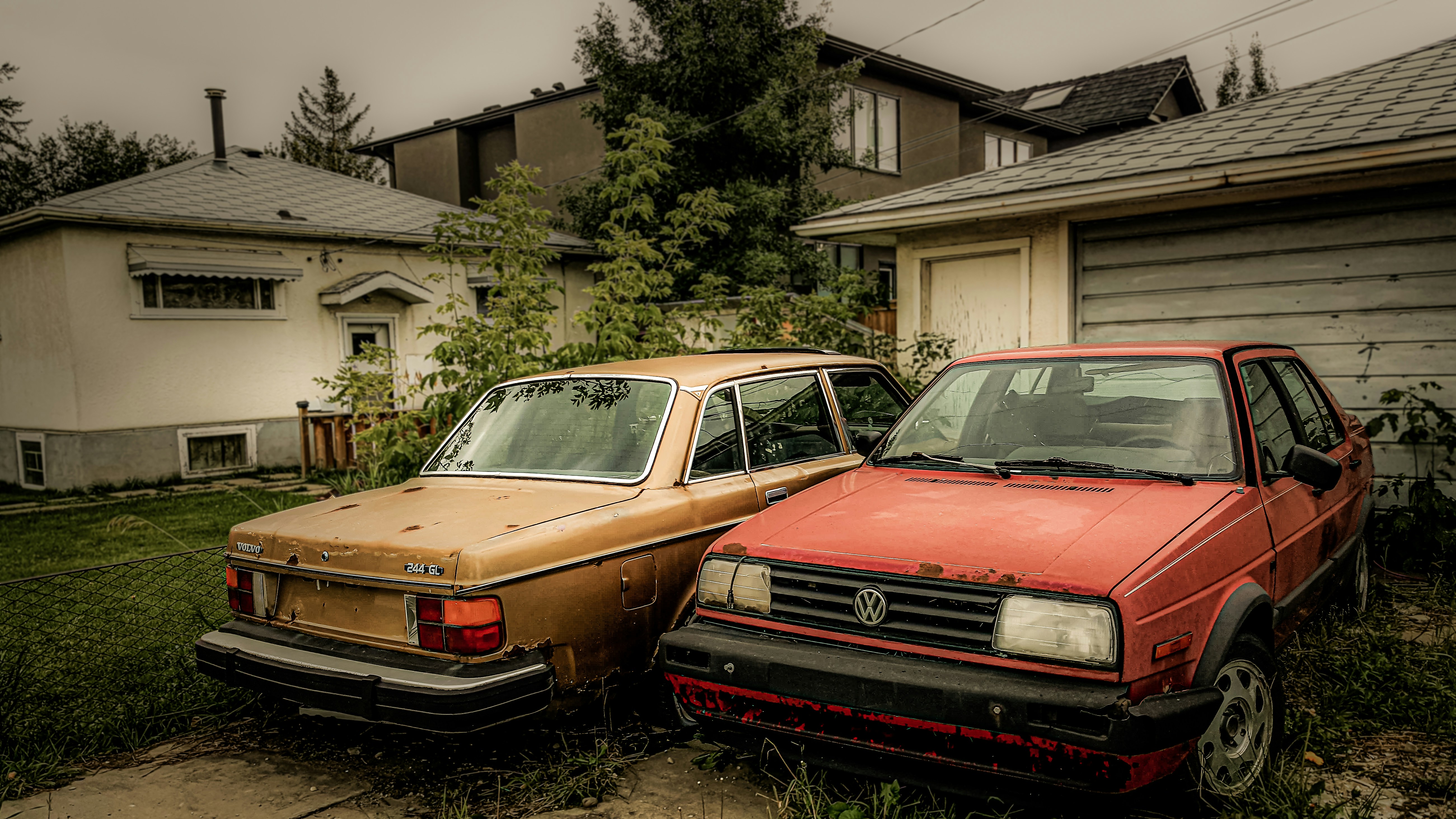 red car parked beside green tree during daytime